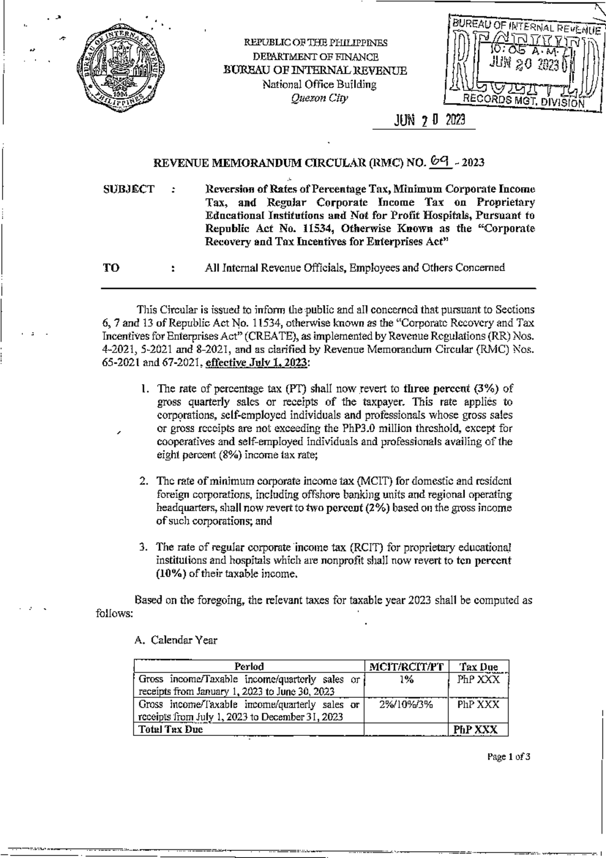 RMC No. 69-2023 mcit %tax rate - Bachelor of Science and Accoutancy ...