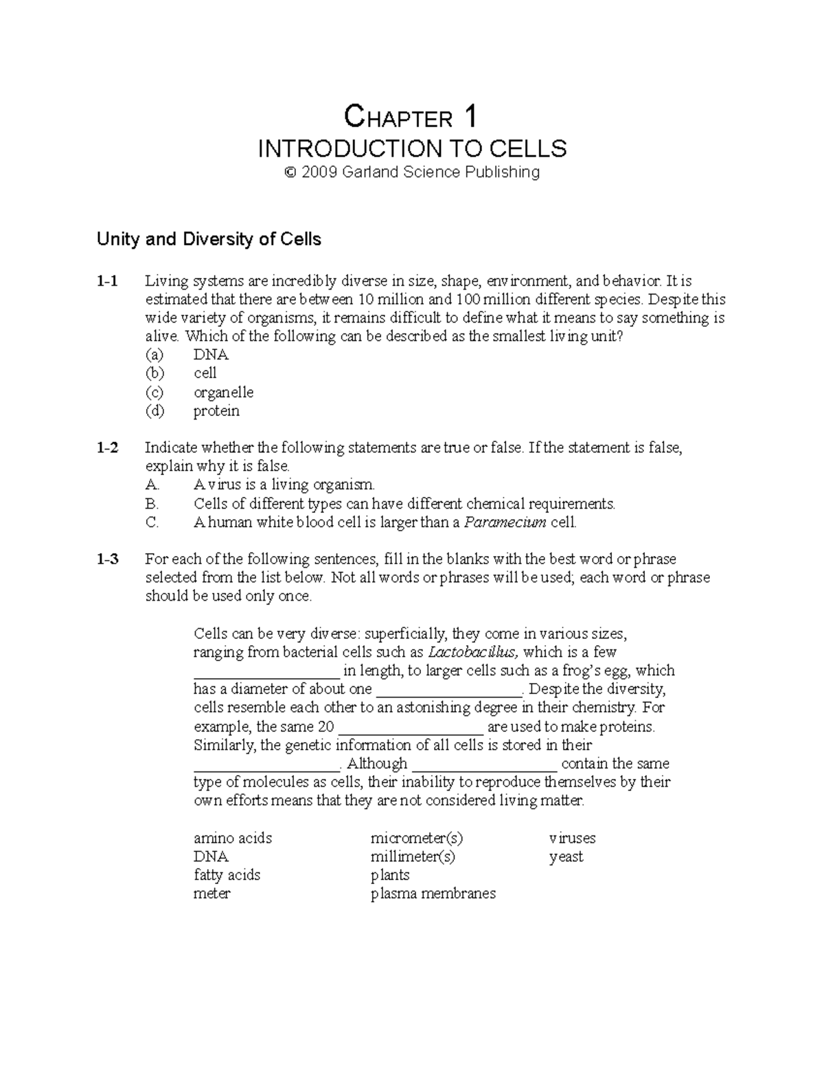Cahpter 1 - biology - CHAPTER 1 INTRODUCTION TO CELLS 2009 Garland ...