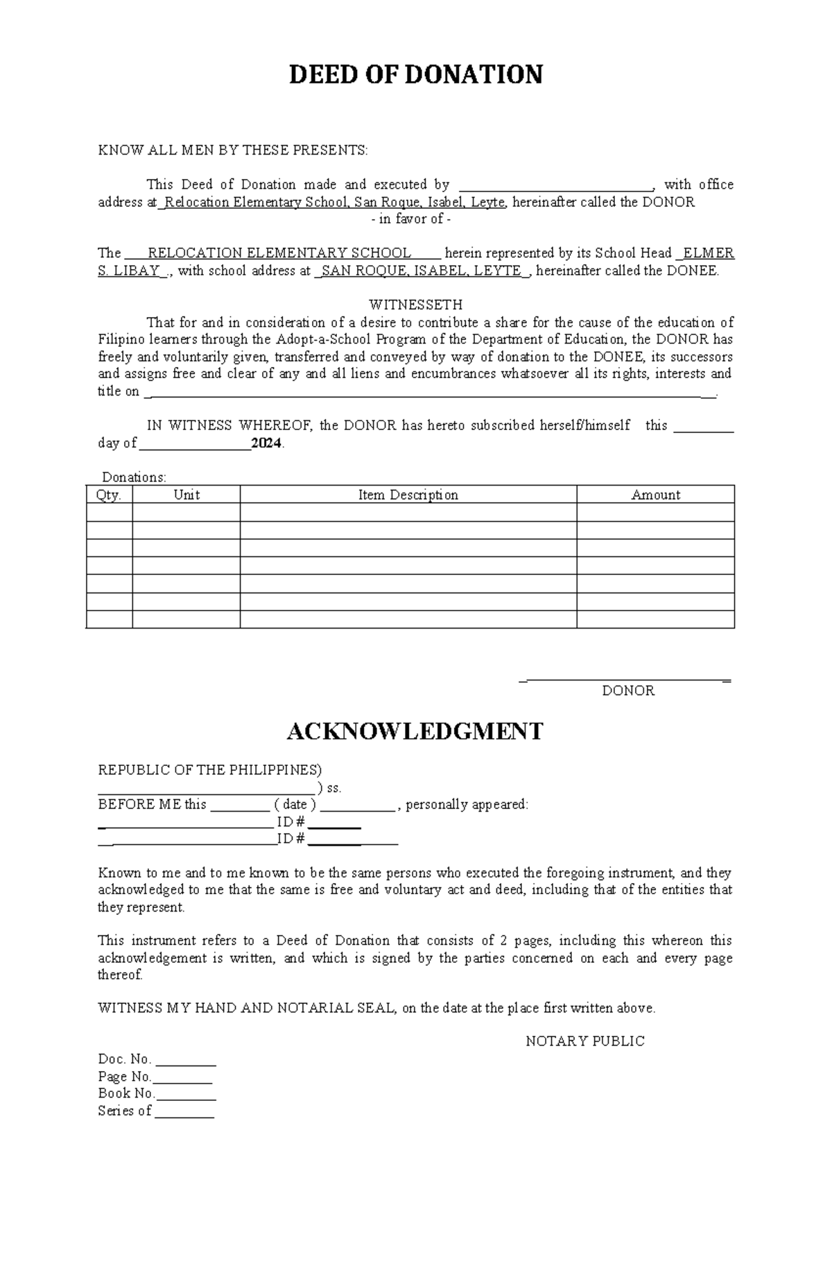 DEED of Donation FORM - DEED OF DONATION KNOW ALL MEN BY THESE PRESENTS ...