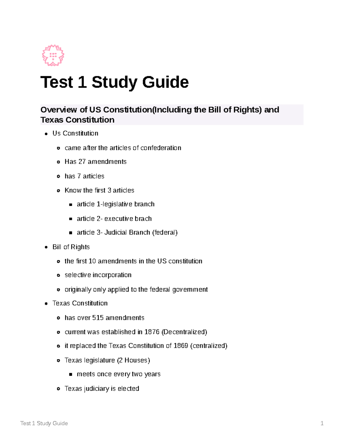 Test 1 Study Guide - 💮 Test 1 Study Guide Overview of US Constitution ...