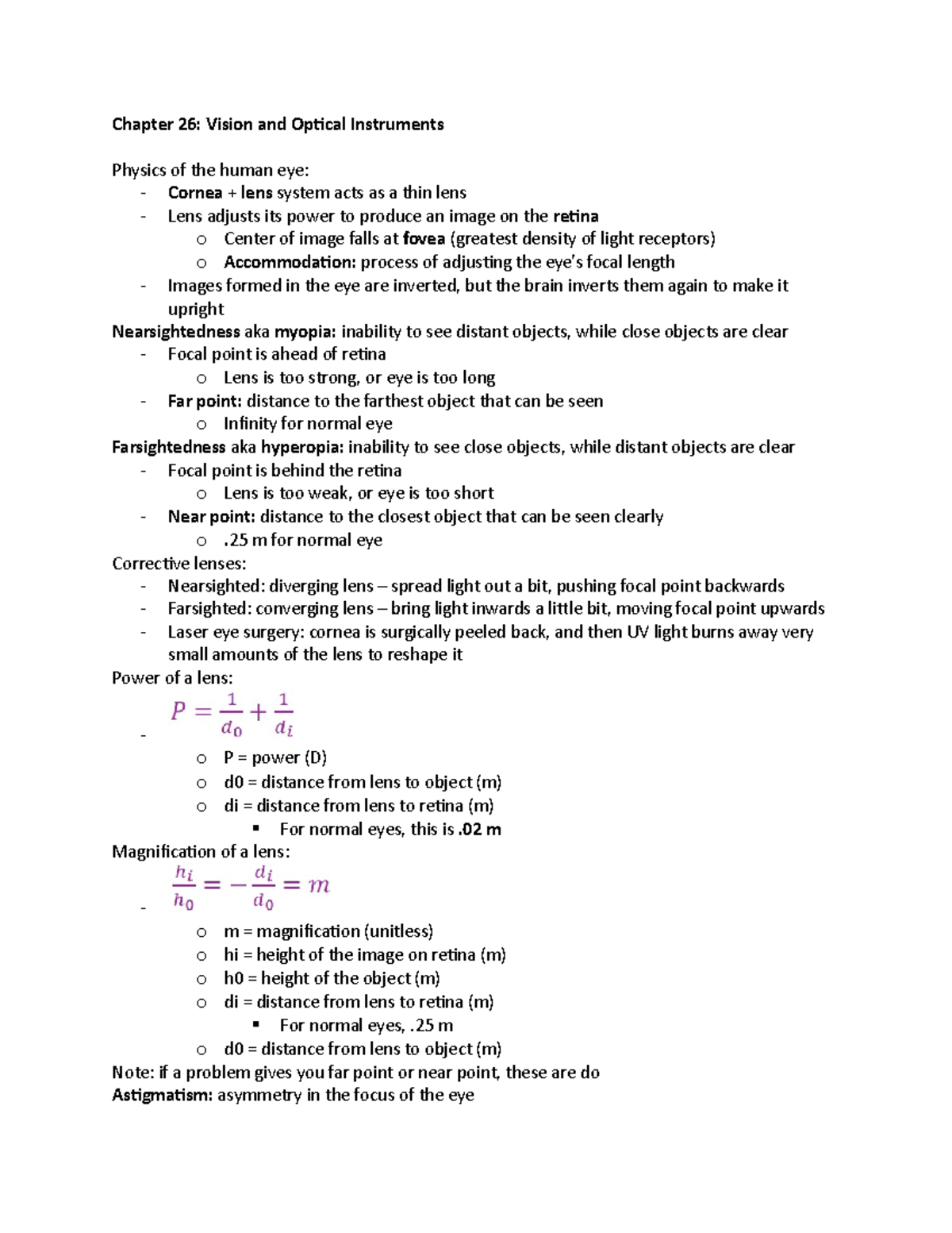 PHYS1512 Ch 26 Summary - College Physics - Chapter 26: Vision and ...