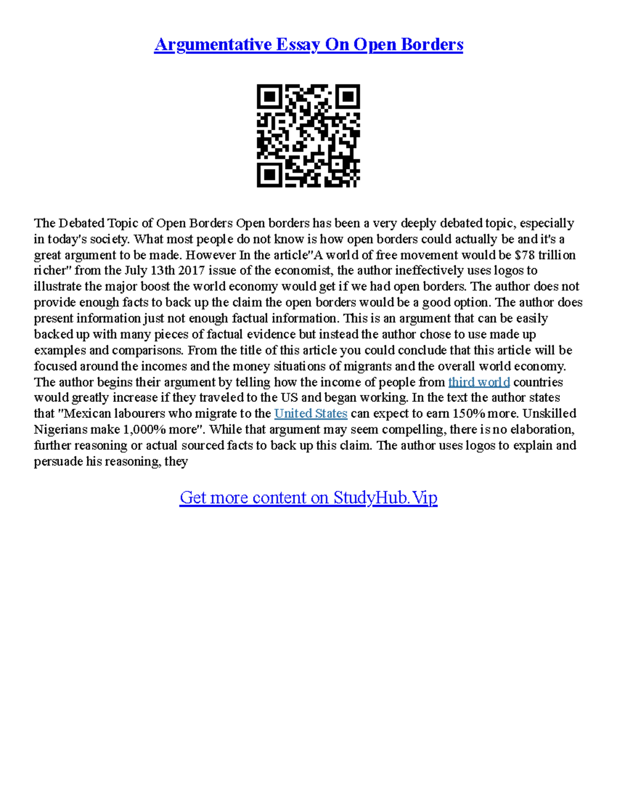 Gre Argument Essay Sample - Argumentative Essay On Open Borders The ...