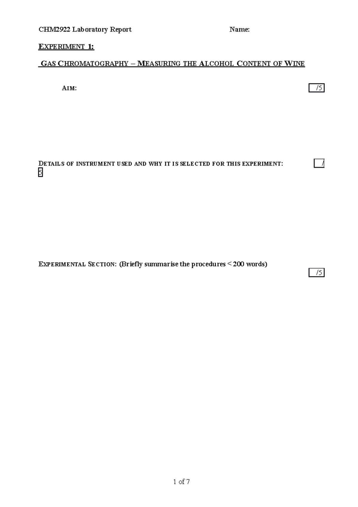 Exp 1-GC-proforma-2022 - CHM2922 Laboratory Report Name: EXPERIMENT 1 ...