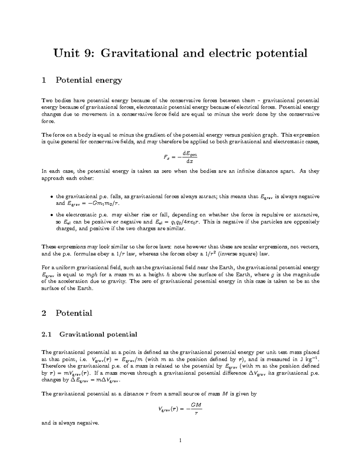 Unit9-summary - Summary of OU S217 Unit 9 - Unit 9: Gravitational and electric potential 1 ...