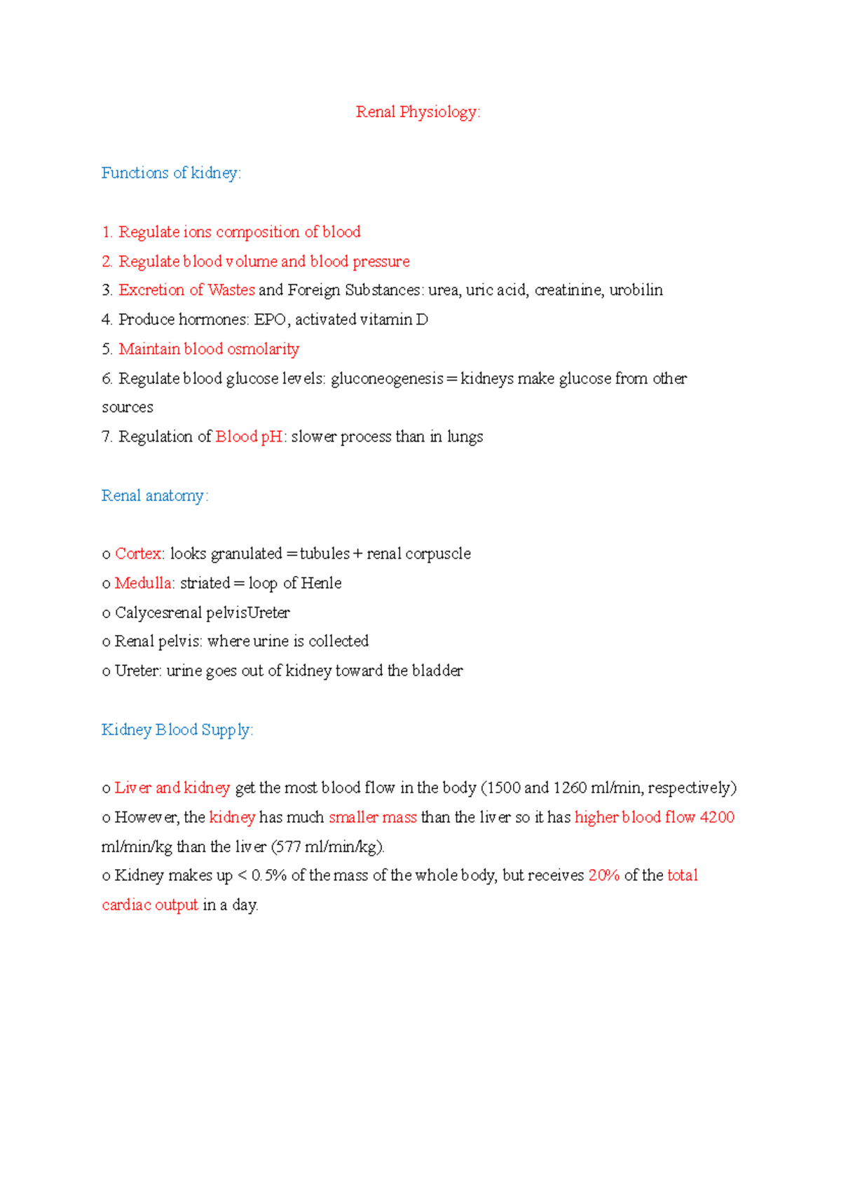 Renal physiology - notes - Renal Physiology: Functions of kidney ...