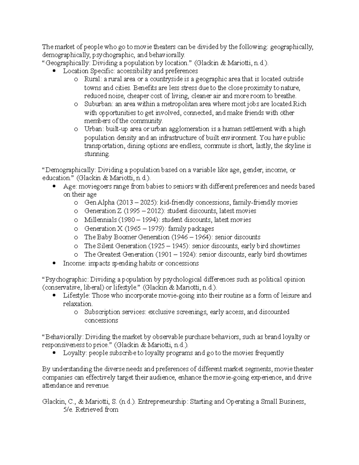 Module 3 Discussion - The market of people who go to movie theaters can ...