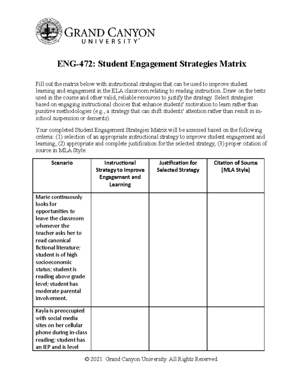 ENG 472 Engagement Strategies Matrix - ENG-472: Student Engagement ...