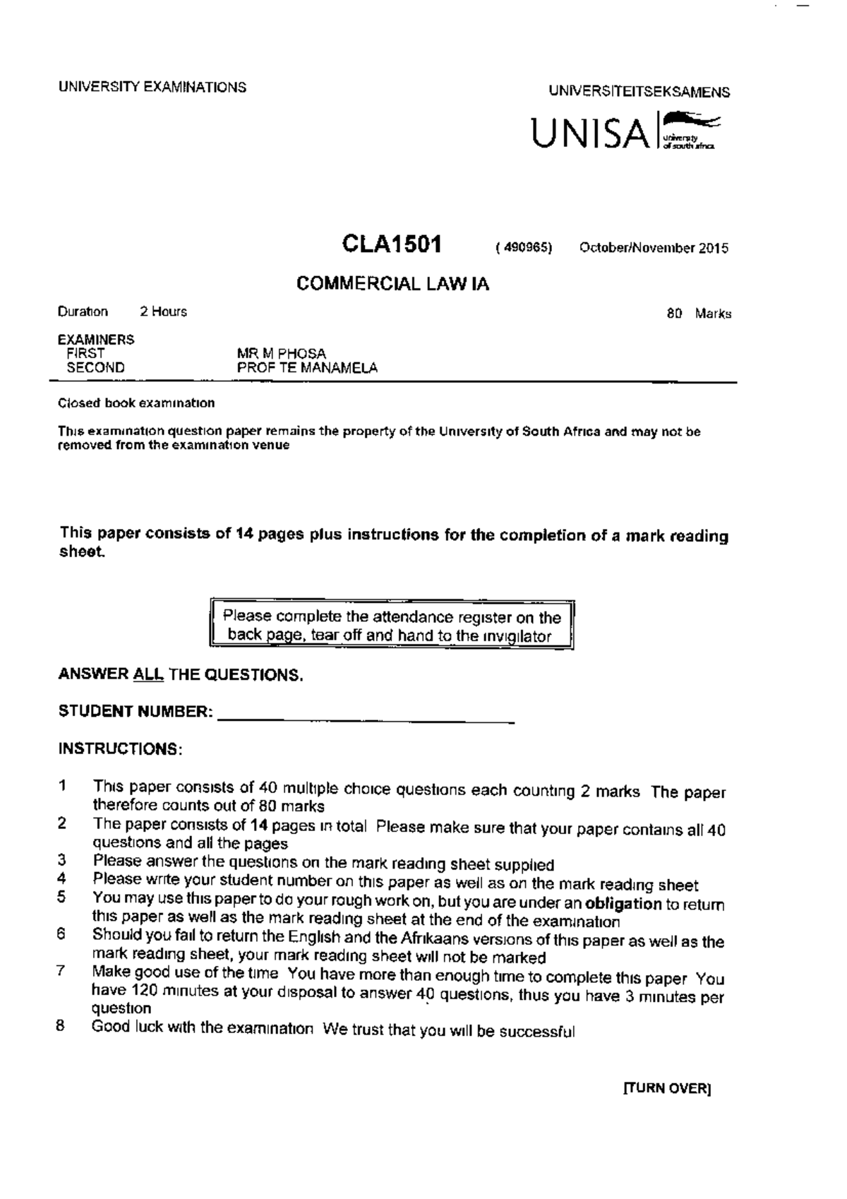 CLA1501 2015 10 E 1 - CLA1501 - Unisa - Studocu