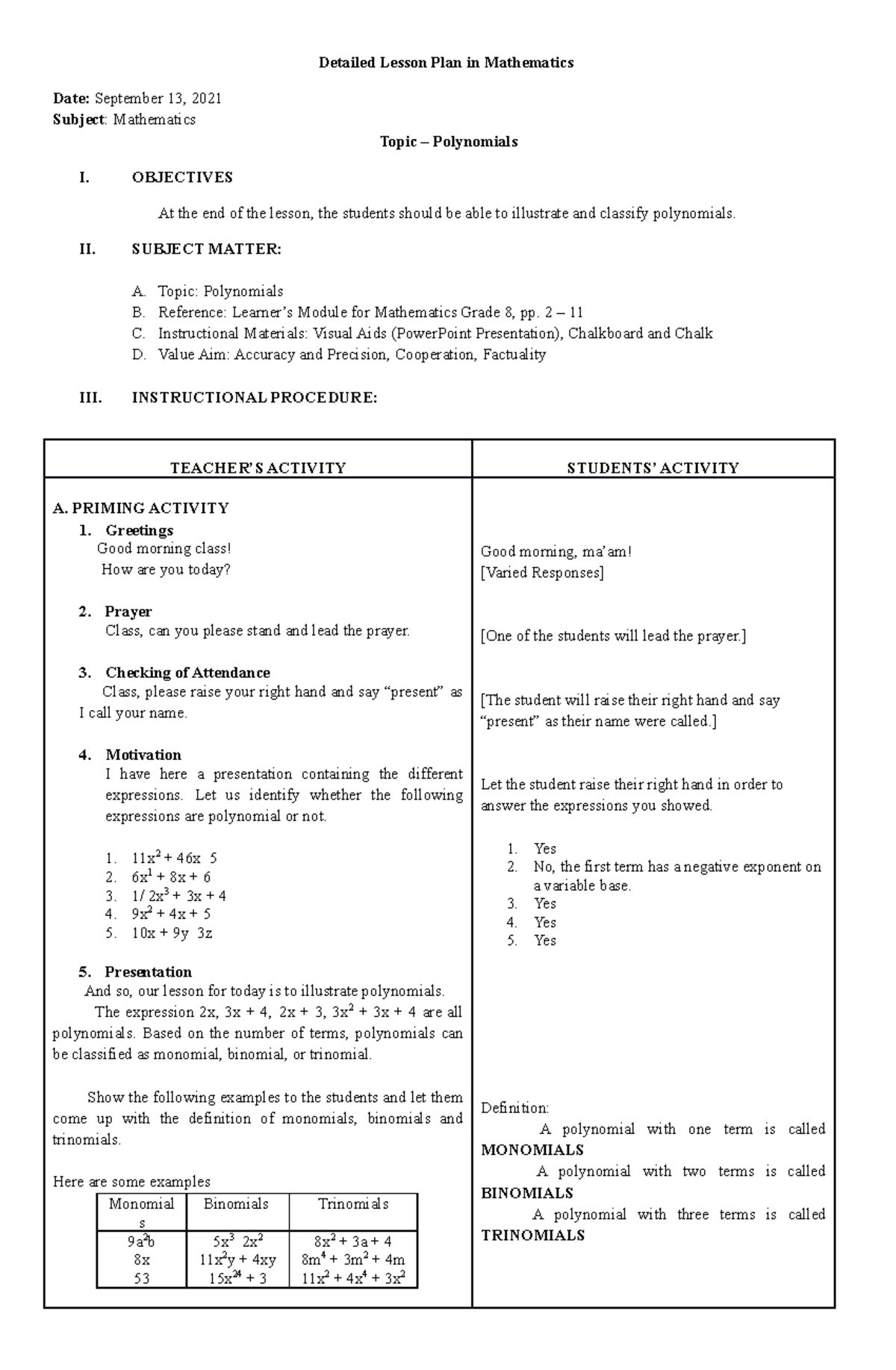 1st Quarter LP Math8 - Detailed Lesson Plan - Detailed Lesson Plan in ...