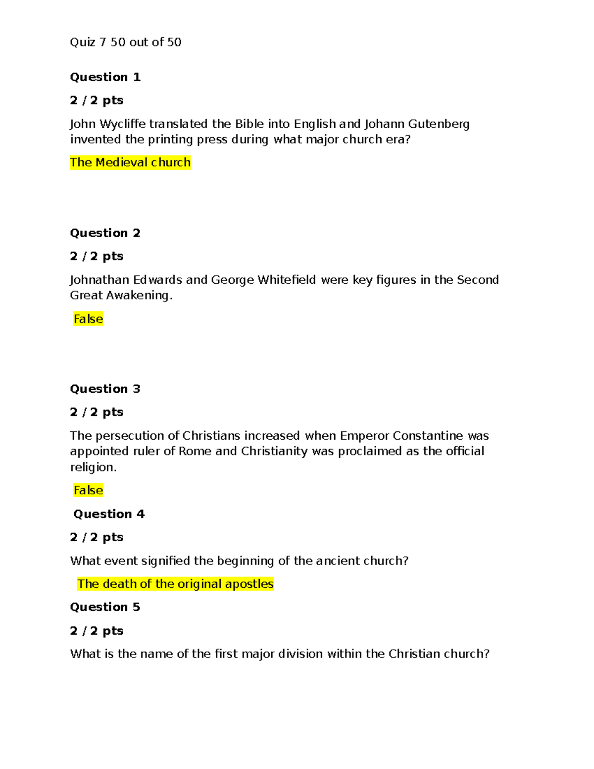 Quiz 7 Introduction to the Study of the Church - Question 1 2 / 2 pts ...