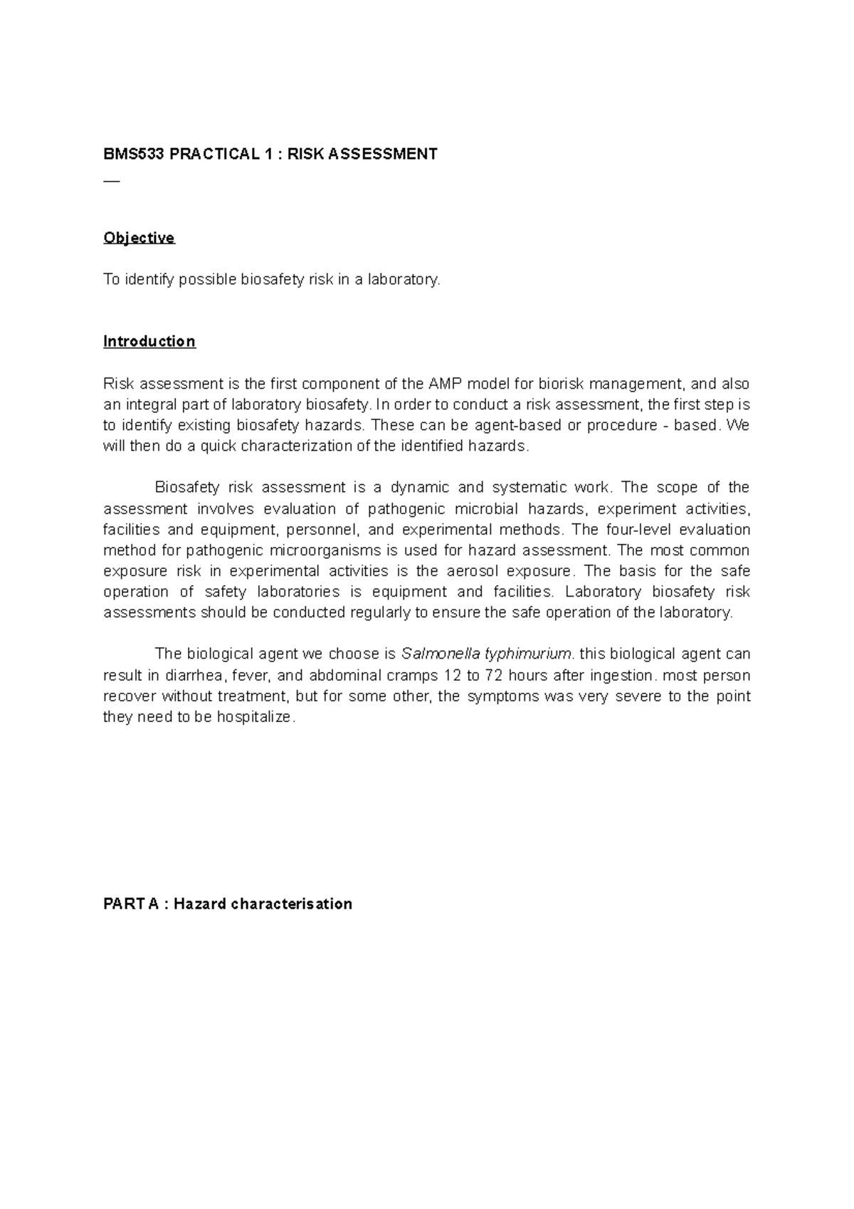 Lab report BMS533 - BMS533 PRACTICAL 1 : RISK ASSESSMENT Objective To ...