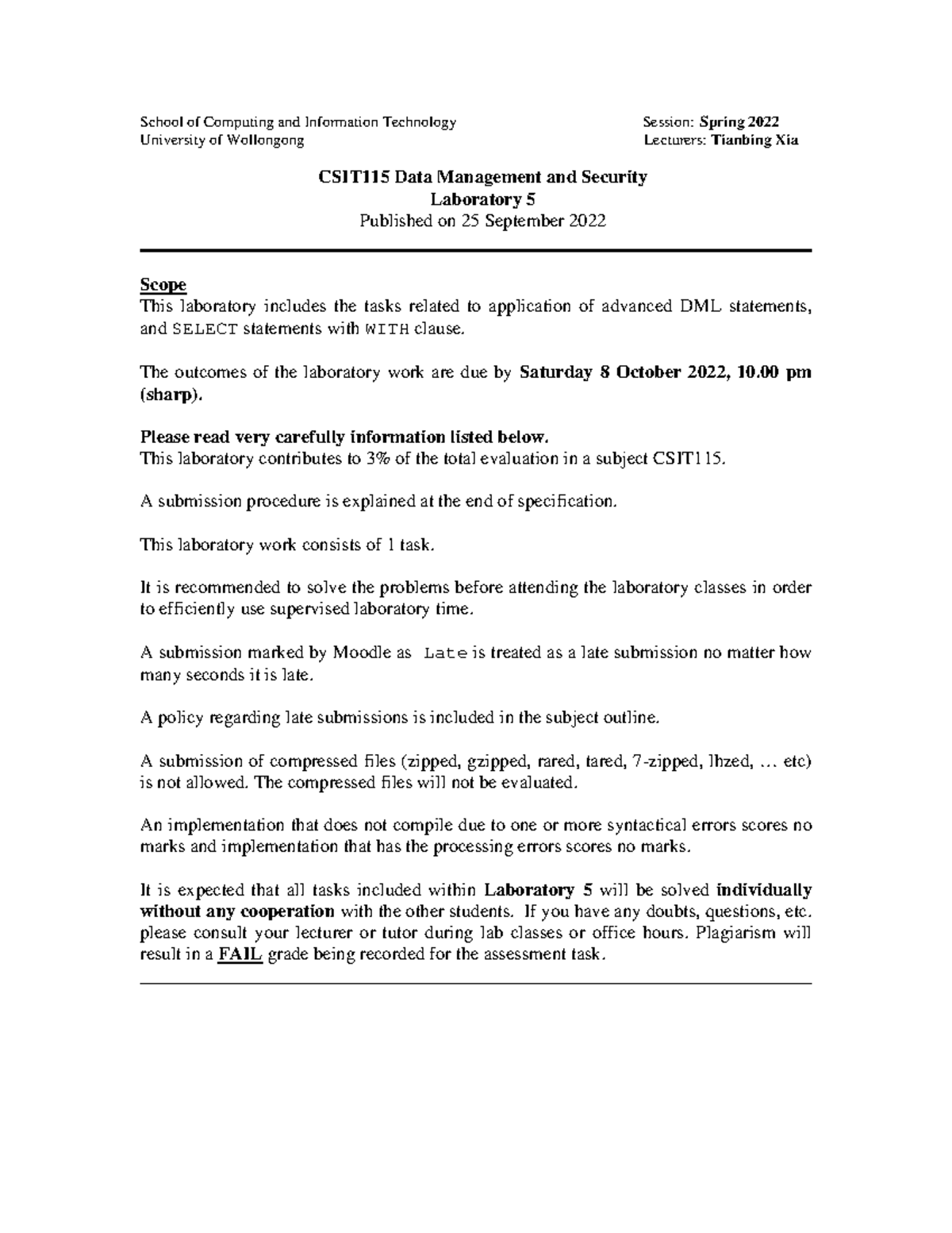 Laboratory 5 - School of Computing and Information Technology Session ...