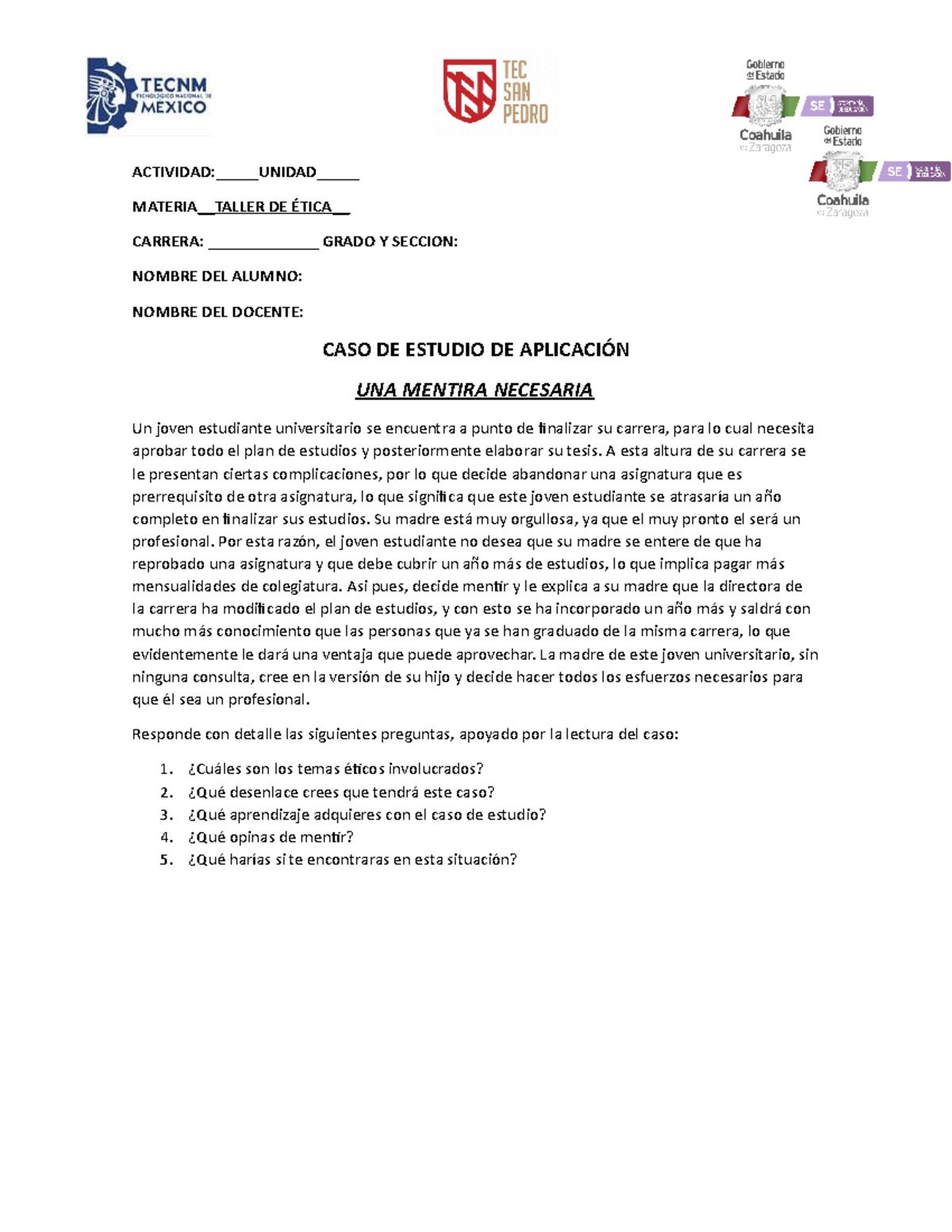 Actividad Unidad 1 Etica - ACTIVIDAD:UNIDAD MATERIA__TALLER DE ÉTICA ...