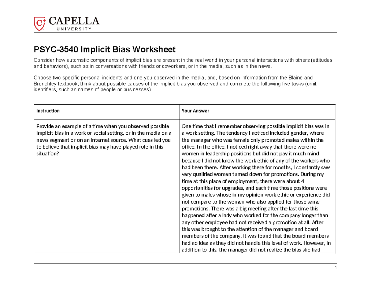 Assignment 5 Template - Implicit bias exercise - PSYC-3540 Implicit Bias Worksheet Consider how ...