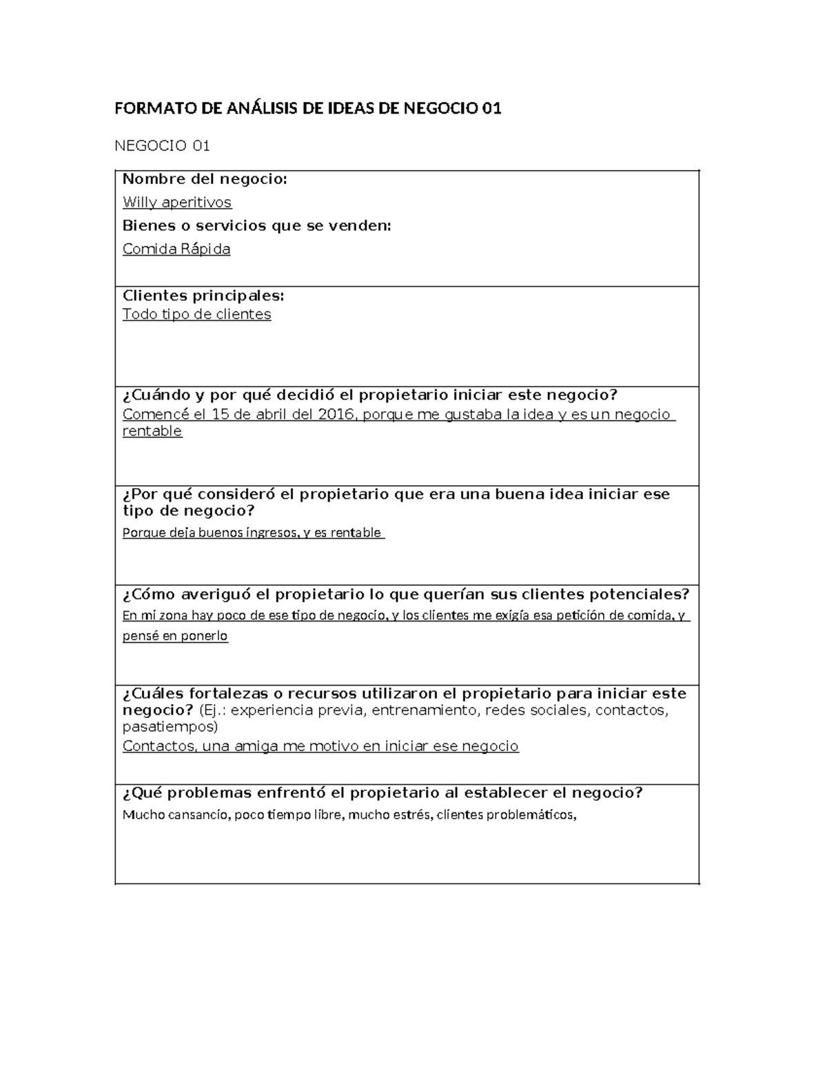 Formato DE ANÁ Lisis DE Ideas DE Negocio 01 - FORMATO DE ANÁLISIS DE ...