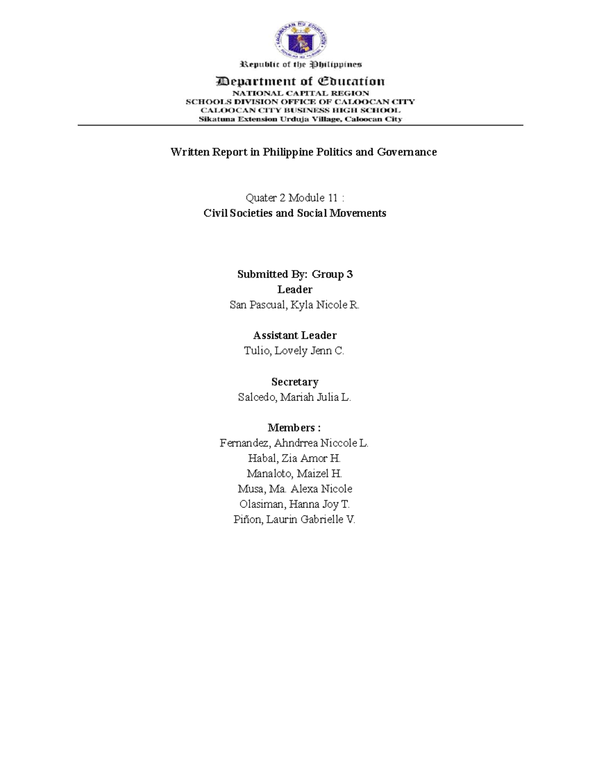 Polgov Written Report M11 - Written Report in Philippine Politics and ...