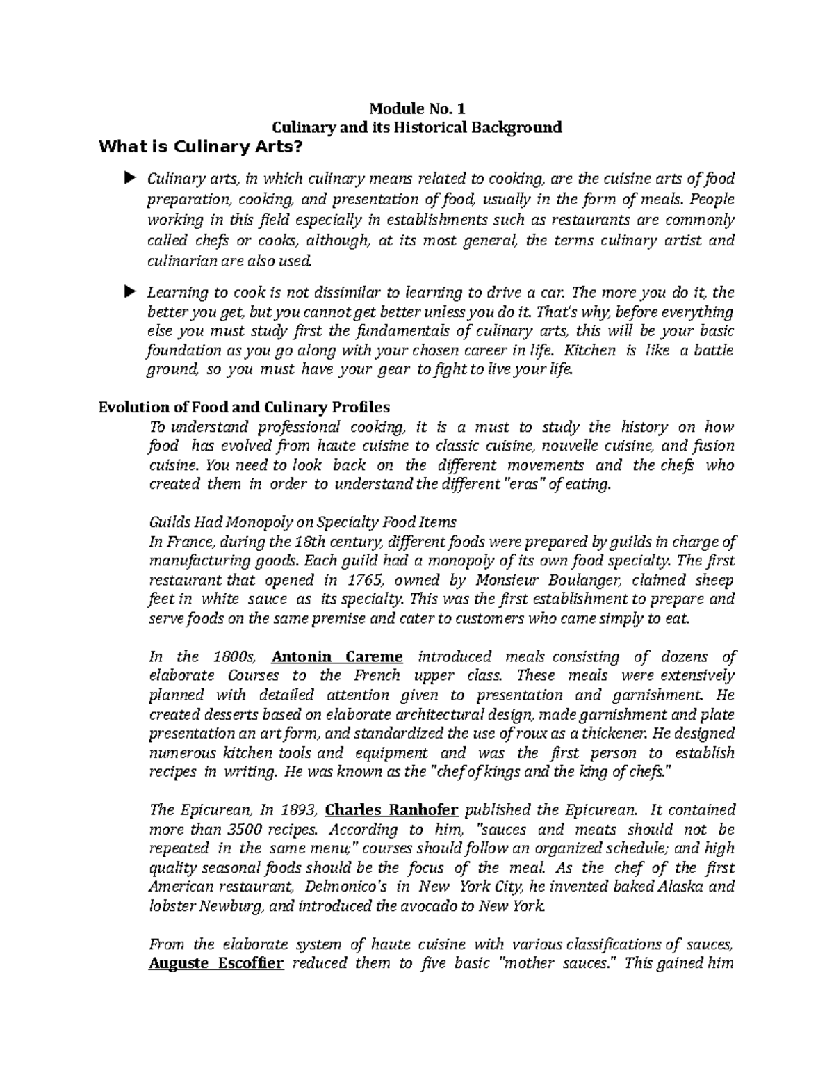 Culinary and its Historical Background - Module No. 1 Culinary and its ...