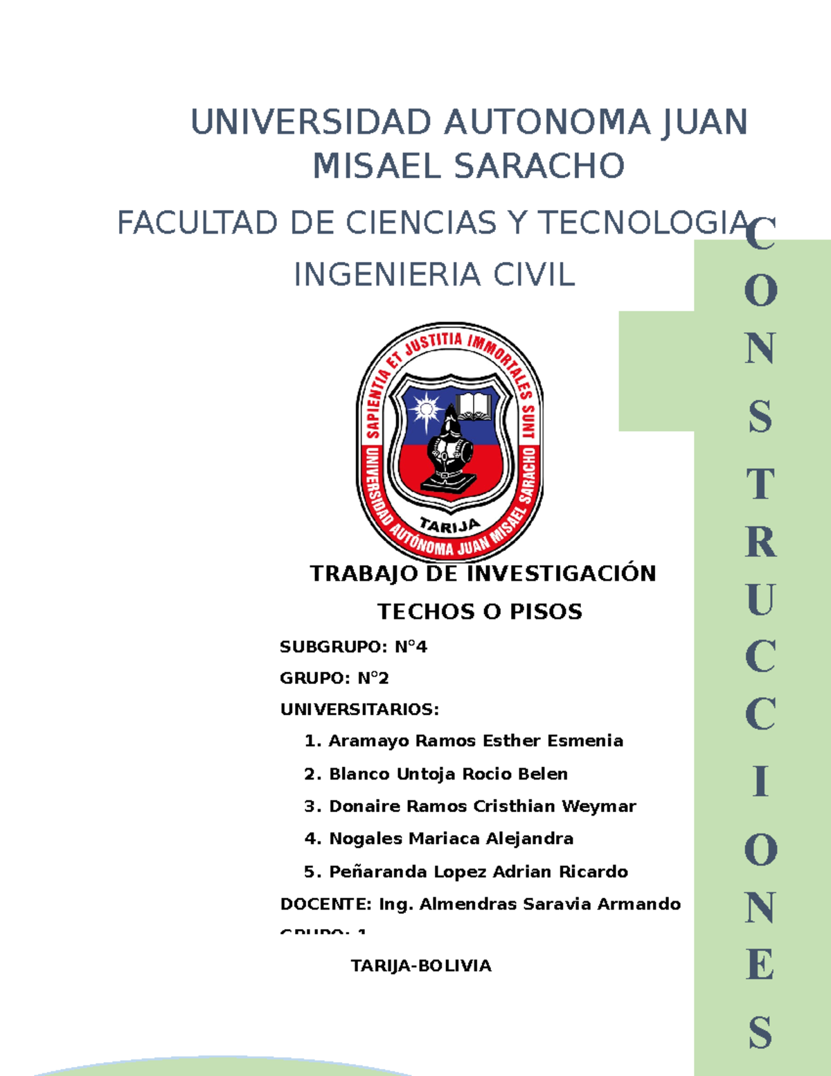 Techos O Pisos SG4 - UNIVERSIDAD AUTONOMA JUAN MISAEL SARACHO C O N S T ...