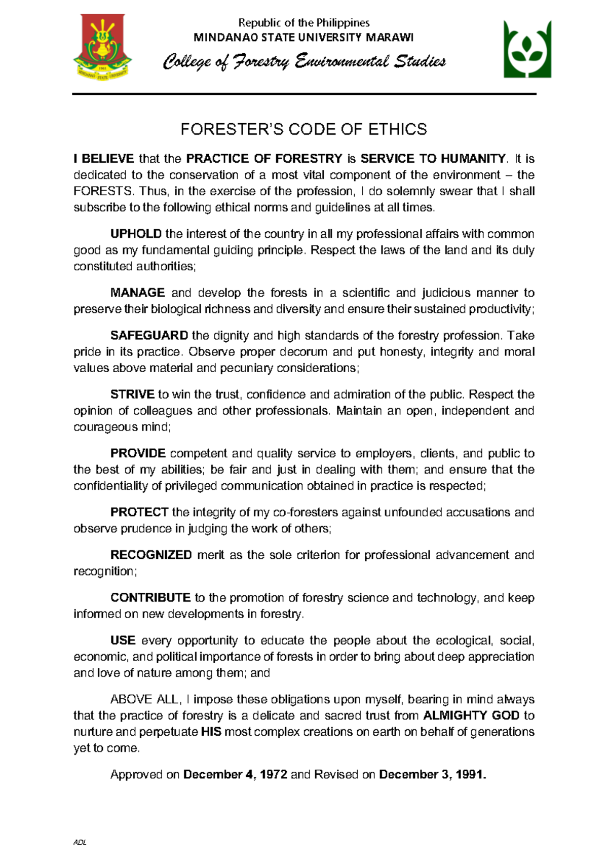 Forester's Code of Ethics 1991 - Republic of the Philippines MINDANAO ...