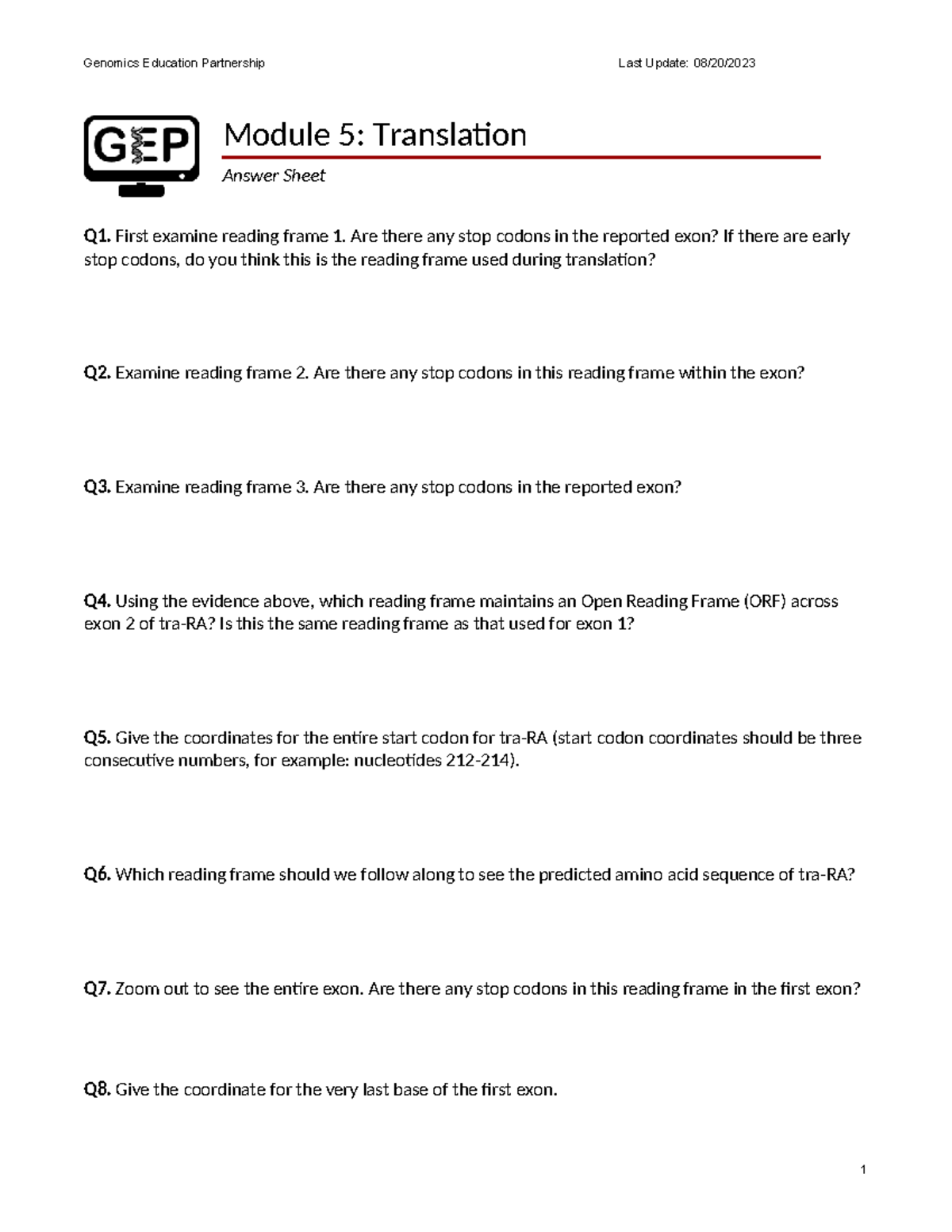 Module 5 Translation Answer Sheet - Genomics Education Partnership Last ...