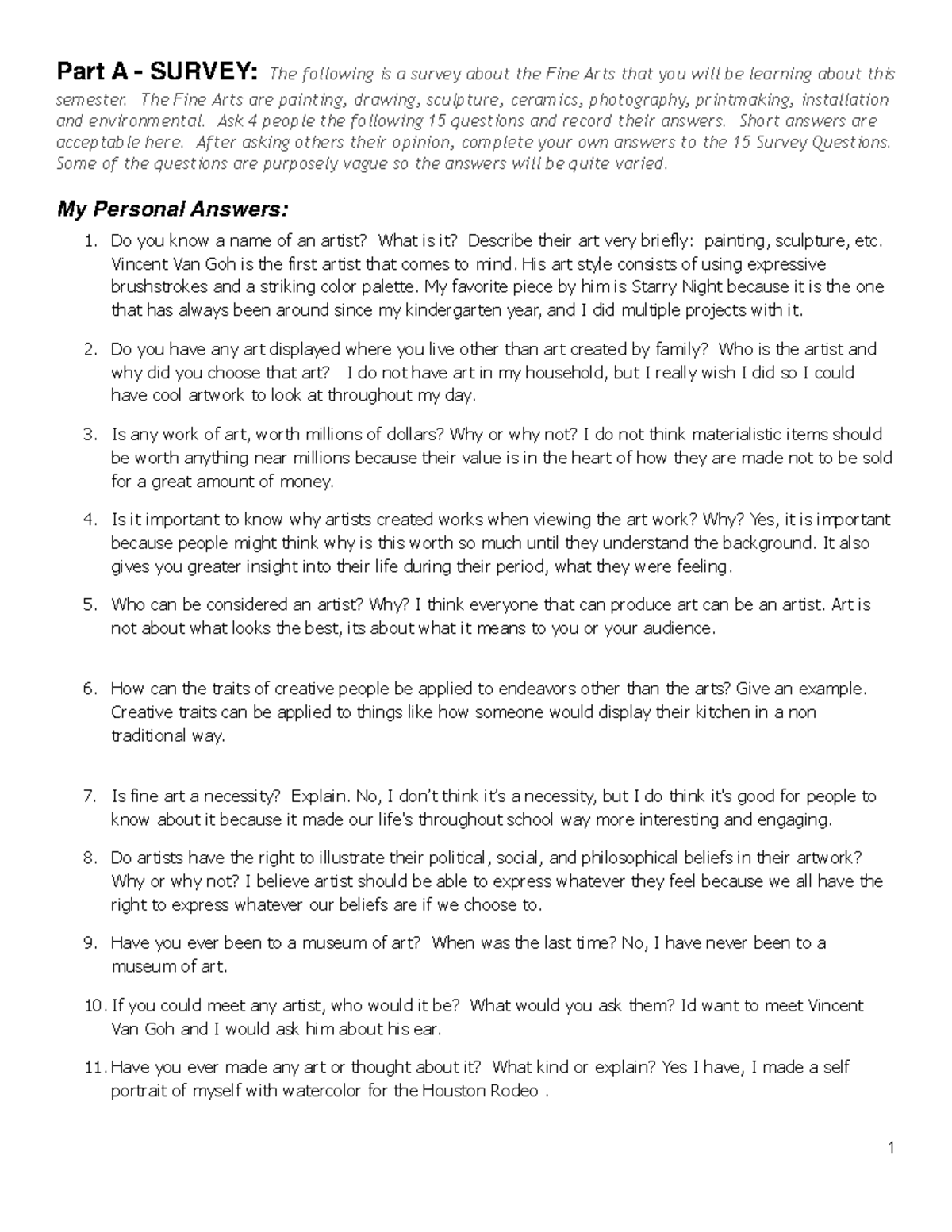 Art Survey 5h - Part A - SURVEY: The following is a survey about the ...