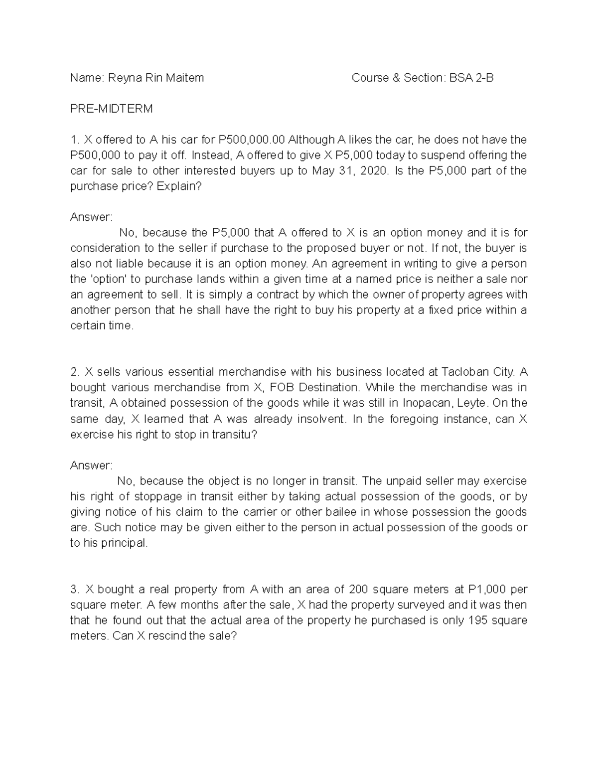 PRE-MIDTERM EXAM IN LAW 3 Article 1458 to Article 1581 - Name: Reyna ...