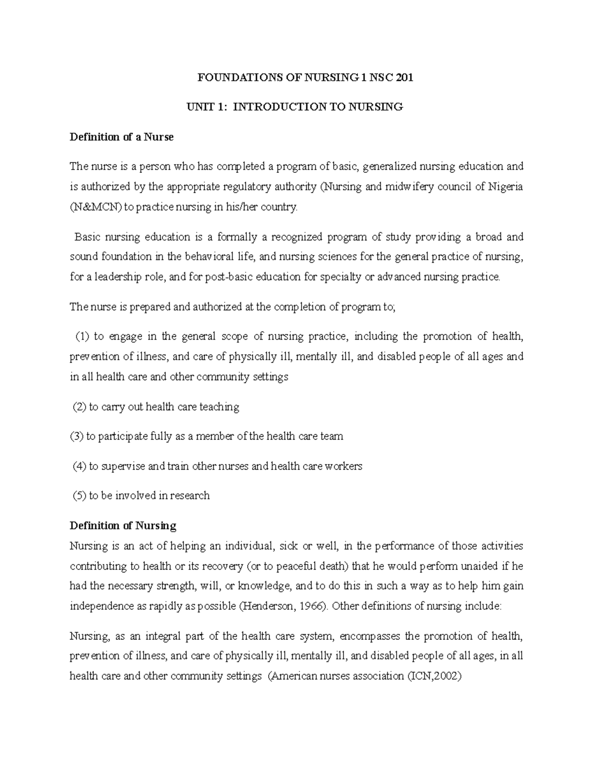 NSC NOTE - Nil - FOUNDATIONS OF NURSING 1 NSC 201 UNIT 1: INTRODUCTION ...