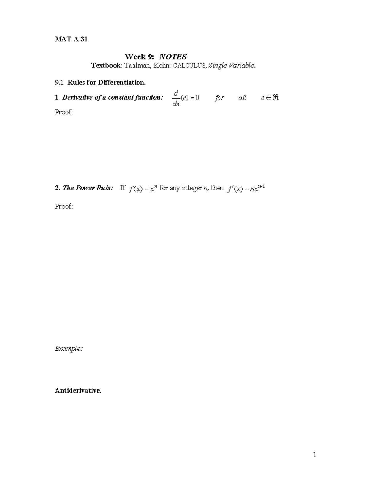 A31 W9(I) Notes - Lecture note - MAT A 31 Week 9: NOTES Textbook ...