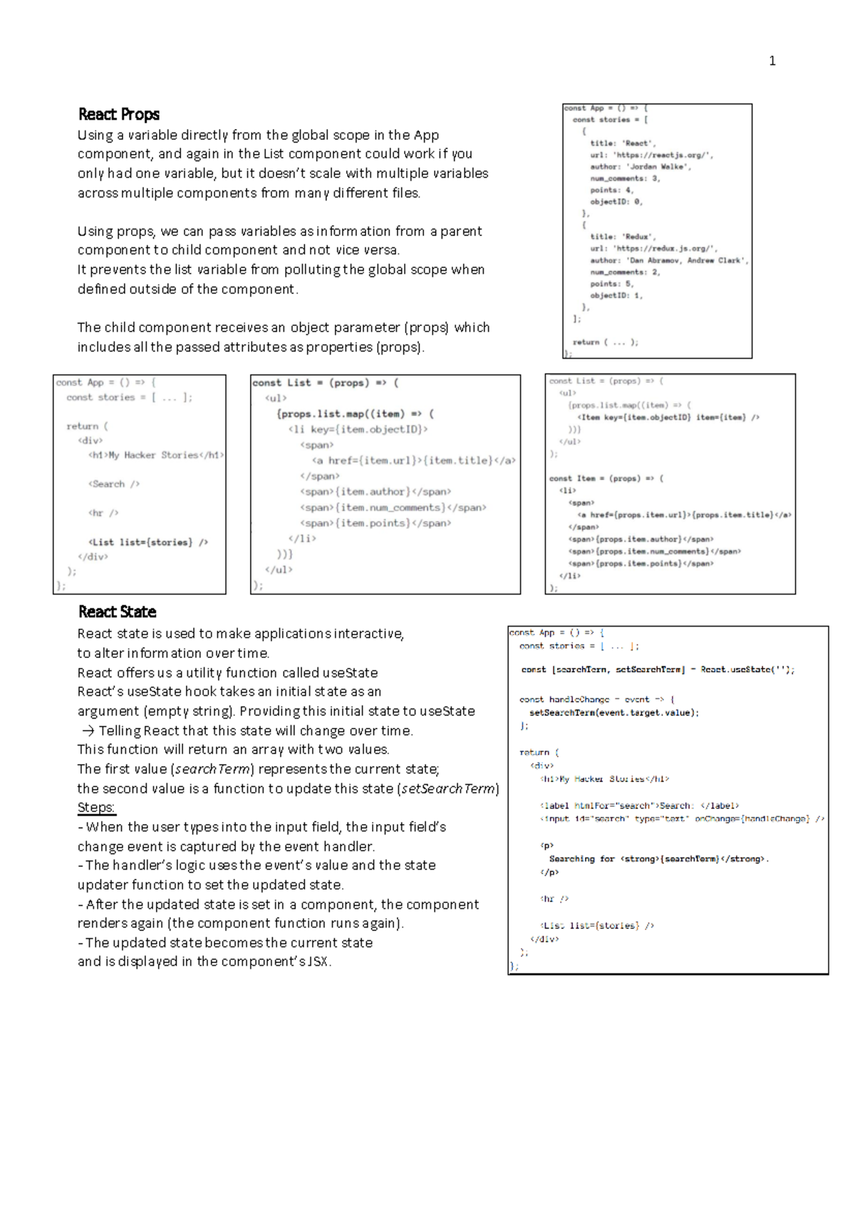 React - Using props, we can pass variables as information from a parent component to child ...