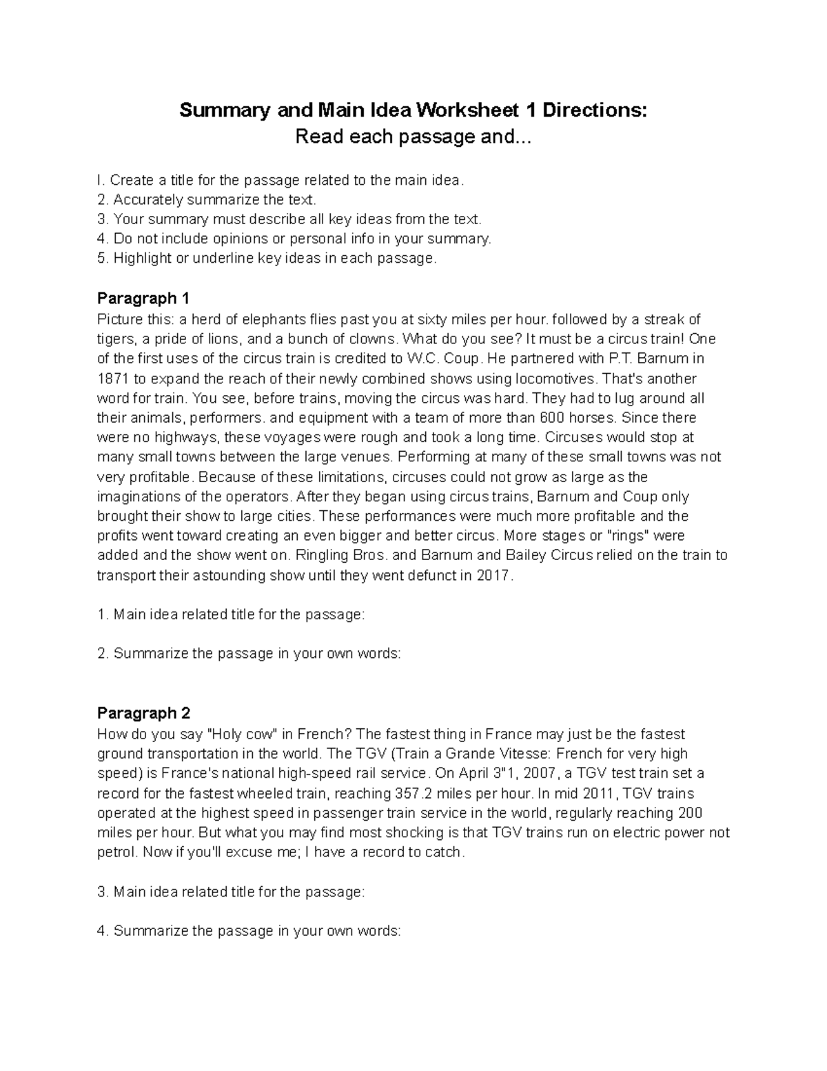 Summarizing exercise - Summary and Main Idea Worksheet 1 Directions ...