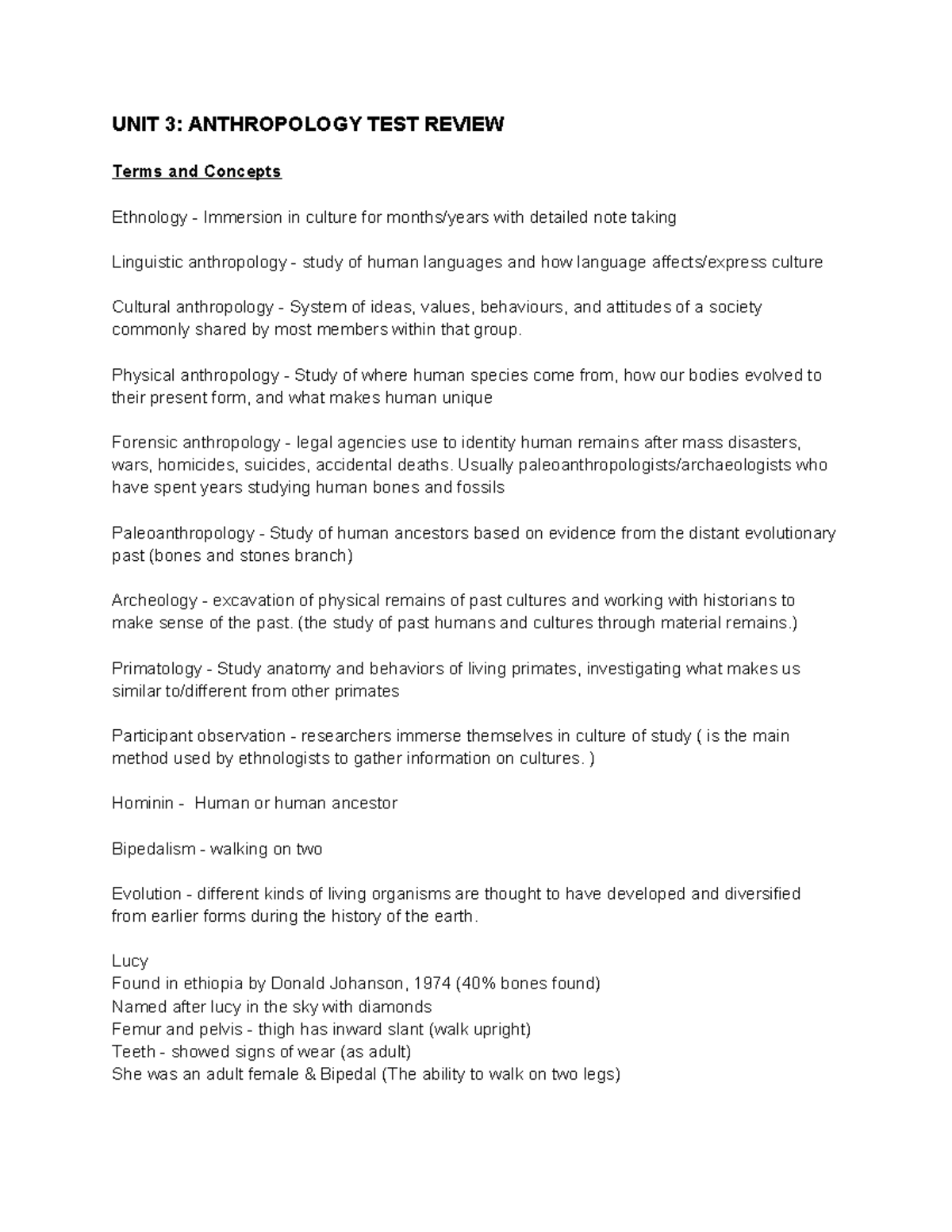 Aps review UNIT 3 - descirption on unit 3 test - UNIT 3: ANTHROPOLOGY ...