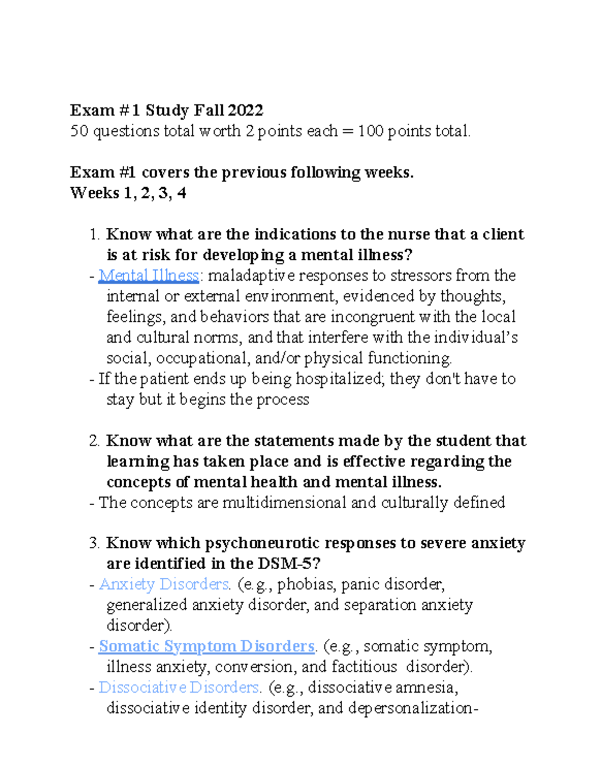Mental Health Study Guide Exam # 1 - Exam # 1 Study Fall 2022 50 ...