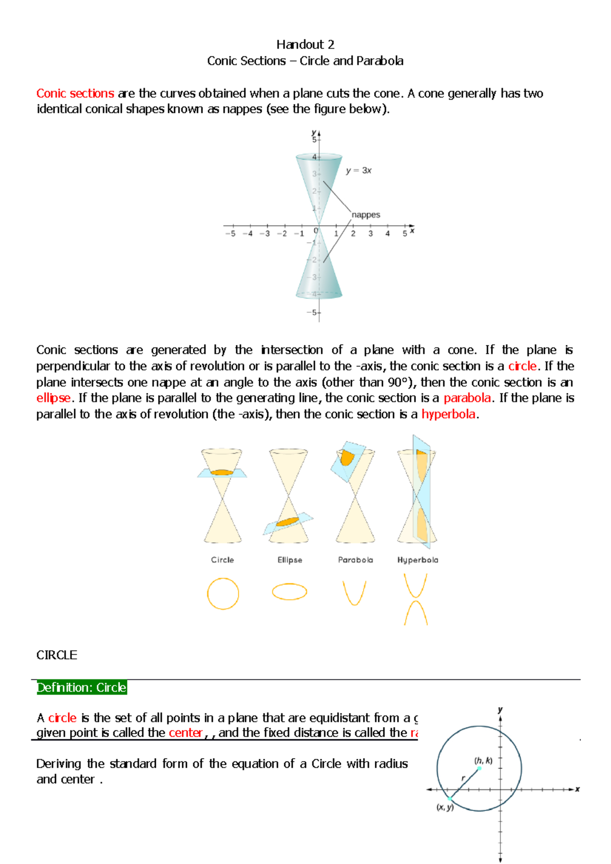 Handout 2 - Handout 2 Conic Sections – Circle and Parabola Conic ...