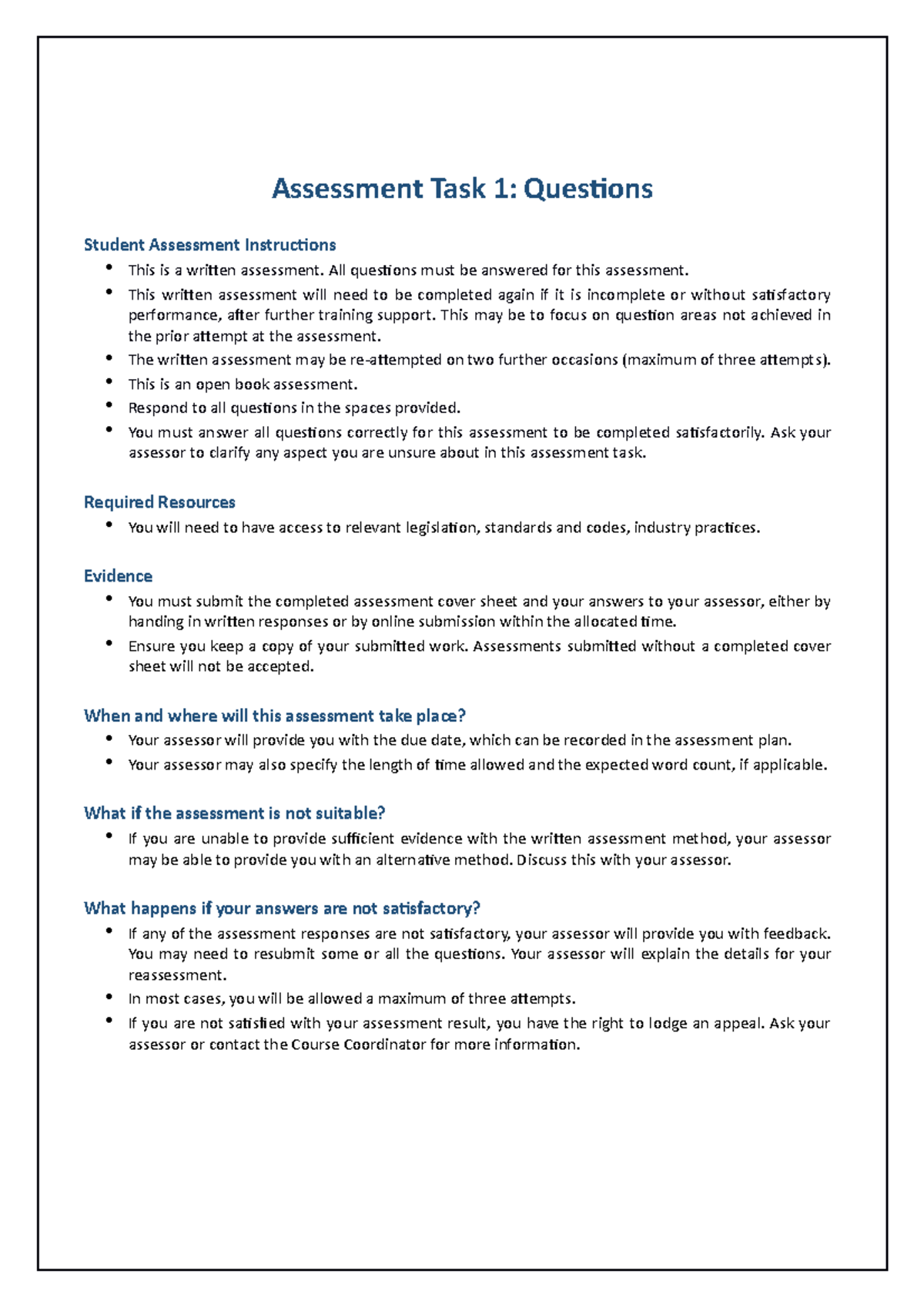 DCS - Chccsm 005 - Task 1 Questions - Assessment Task 1: Questions Student Assessment ...