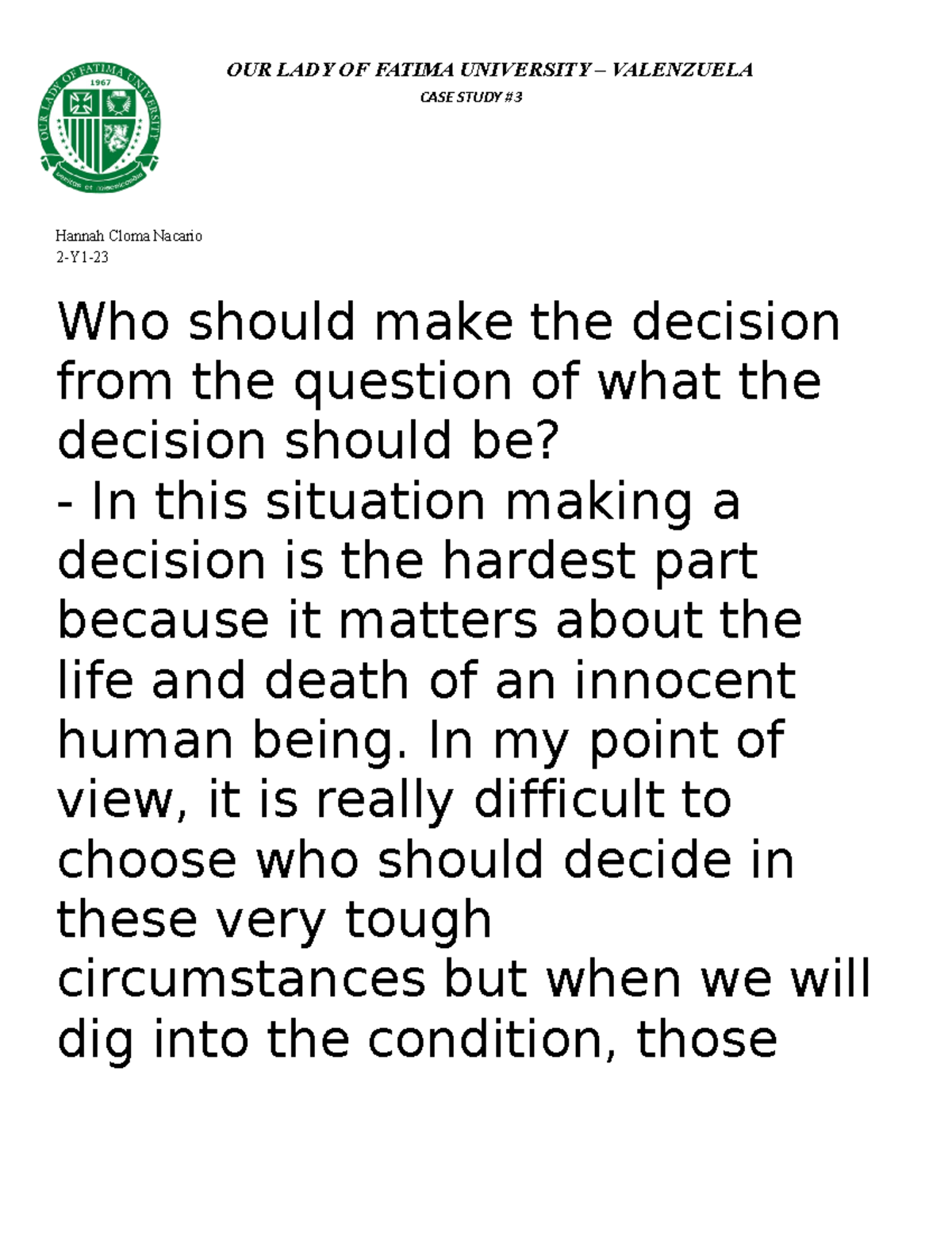 Nacario Casestudy 3 - OLFU BSN ESSEN - OUR LADY OF FATIMA UNIVERSITY ...