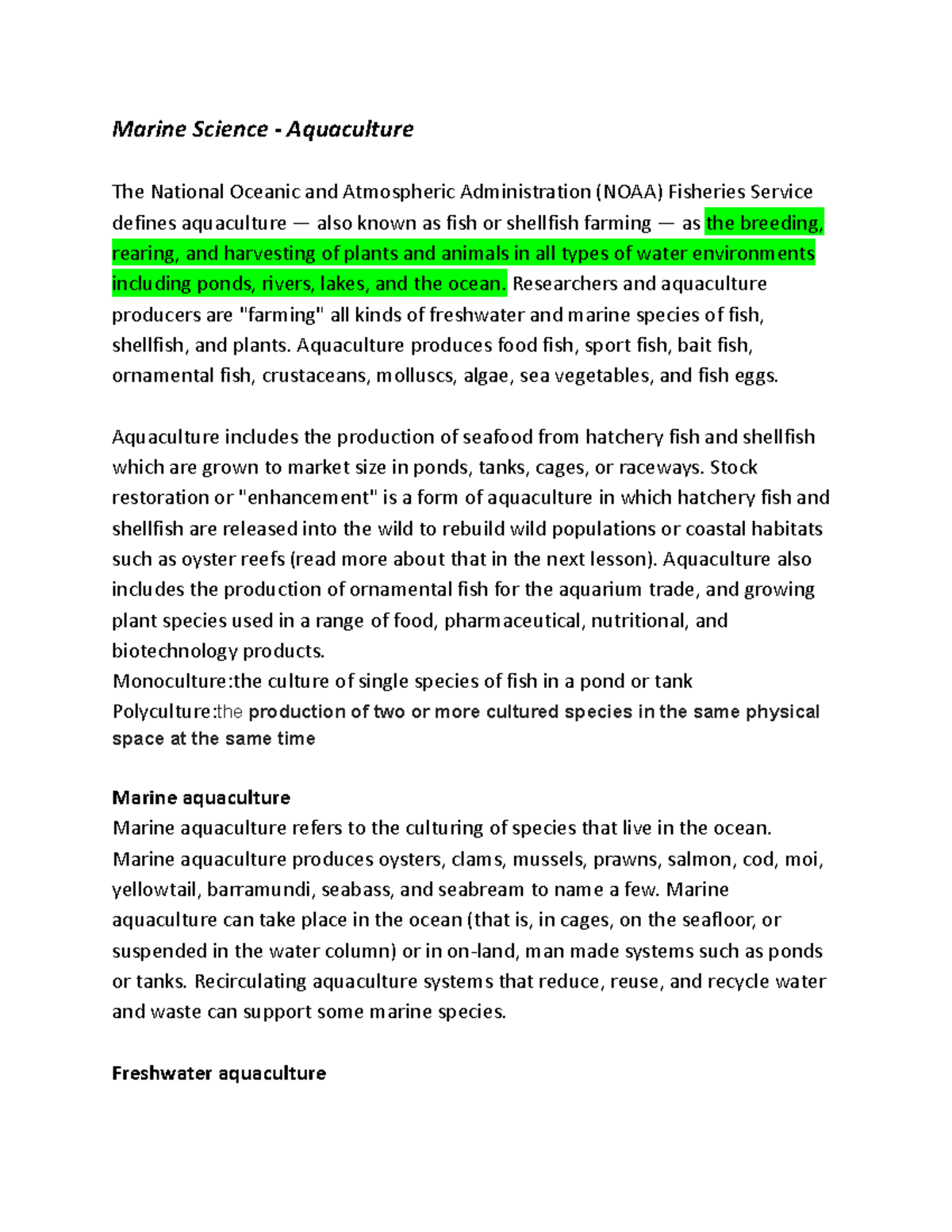 Marine Science Year 9 - Aquaculture class notes - Marine Science ...