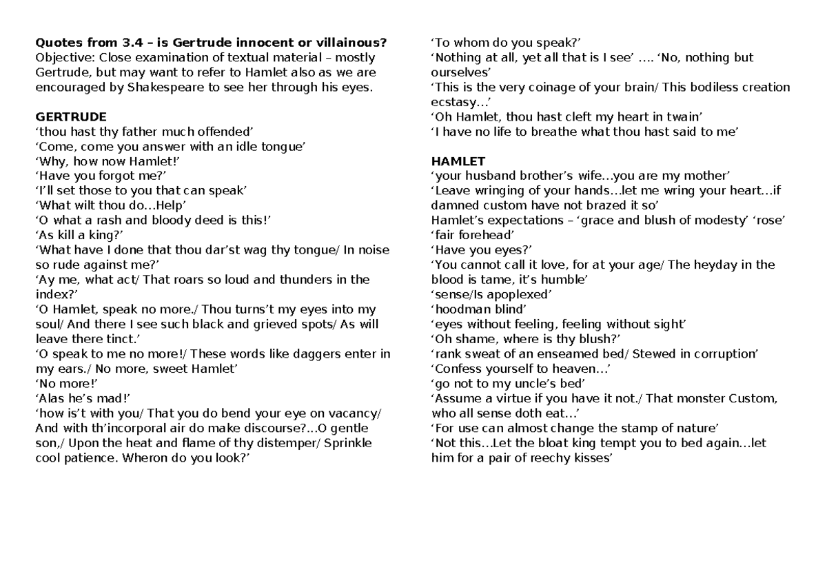 gertrude hamlet notes - Quotes from 3 – is Gertrude innocent or ...