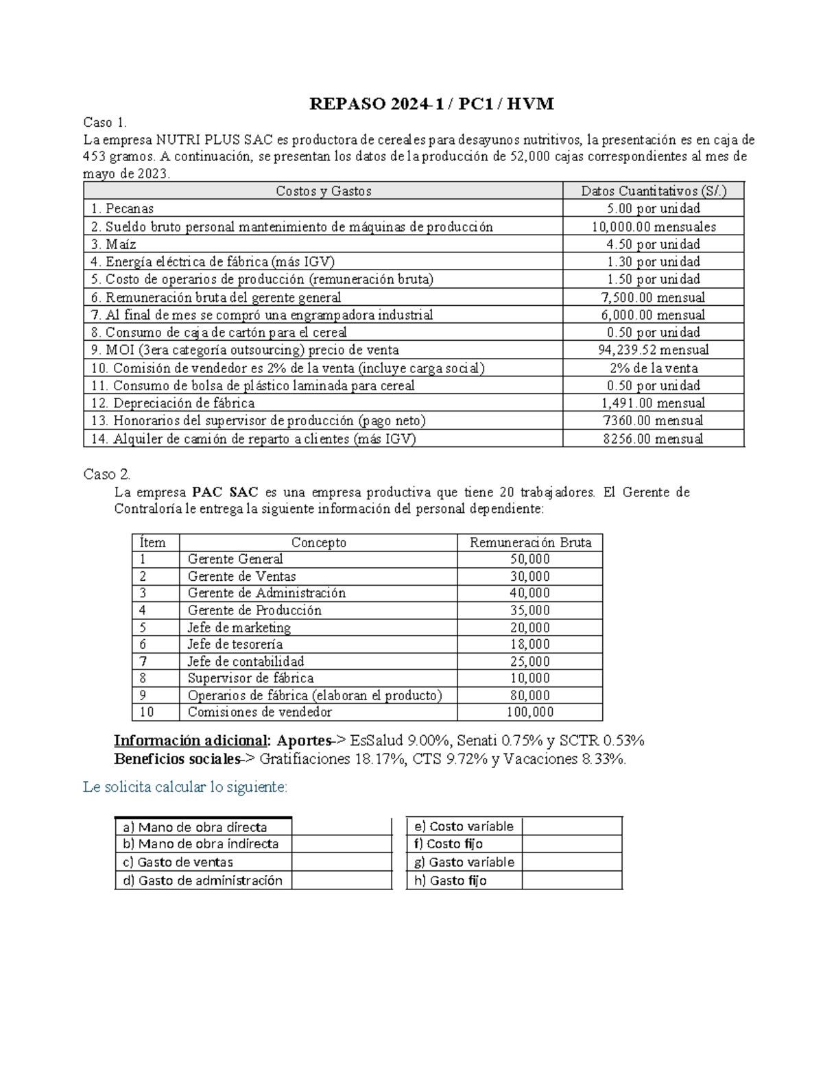 Repaso 2024 HVM PC1 - REPASO 2024-1 / PC1 / HVM Caso 1. La empresa NUTRI PLUS SAC es productora ...