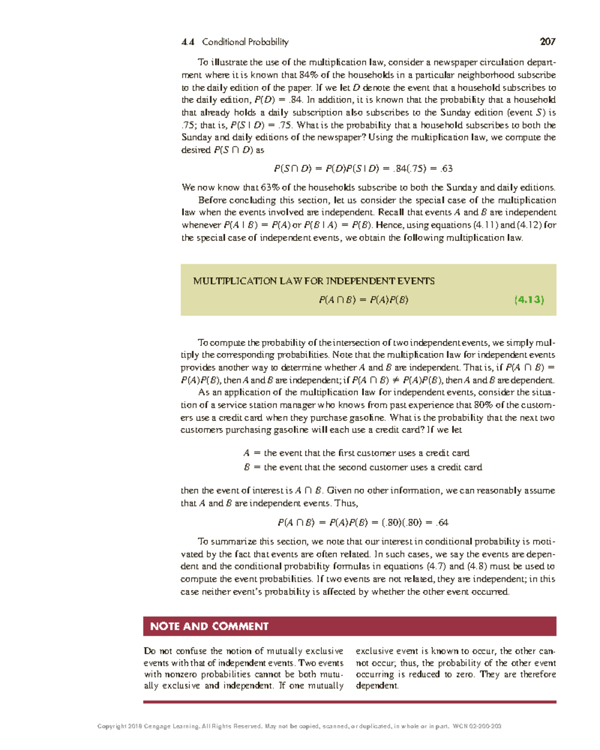 Chapter 4 Excerpt(1) 10 - 4 Conditional Probability 207 To illustrate ...