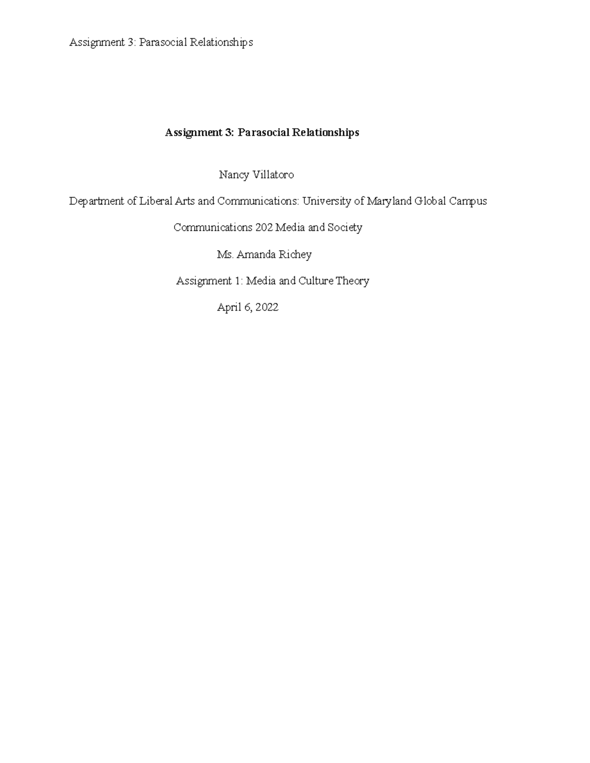 Nancy Villatoro Assignment 3 Parasocial Relationships - Assignment 3 ...