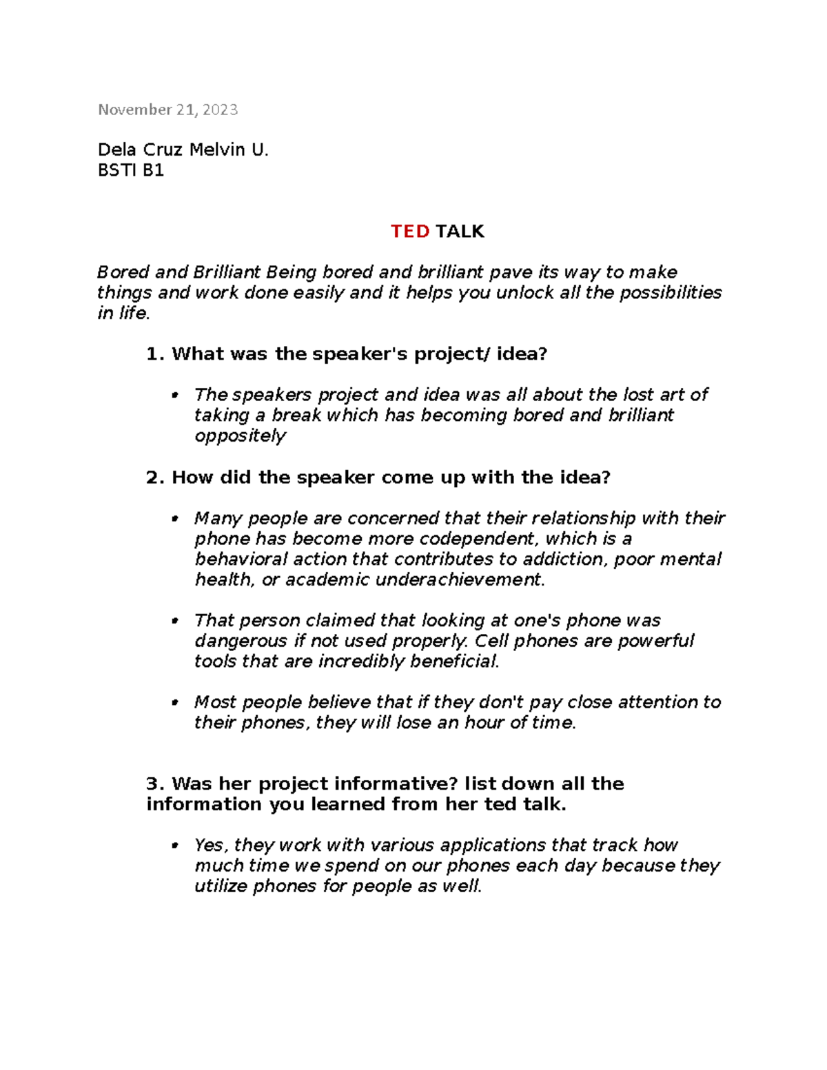 TED TALK - Bsjsjshzhx - November 21, 2023 Dela Cruz Melvin U. BSTI B ...