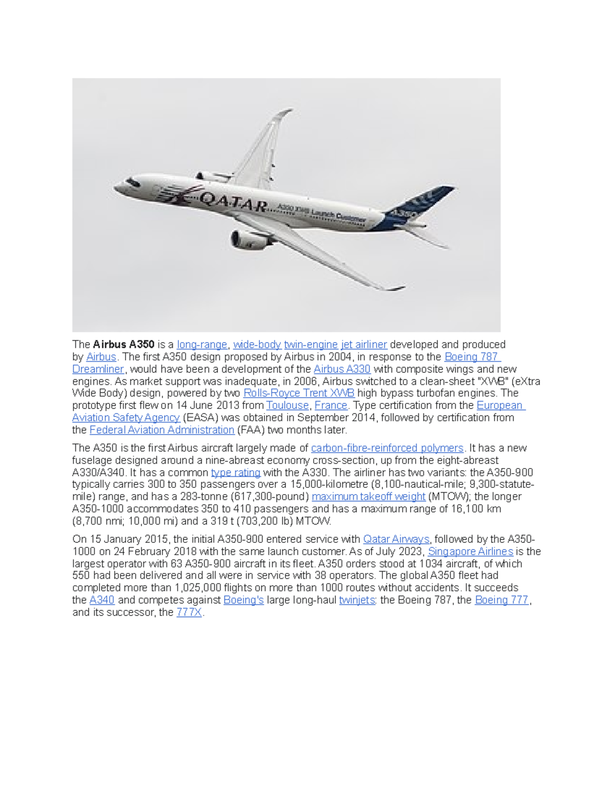 Airbus A350 - notes - The Airbus A350 is a long-range, wide-body twin ...
