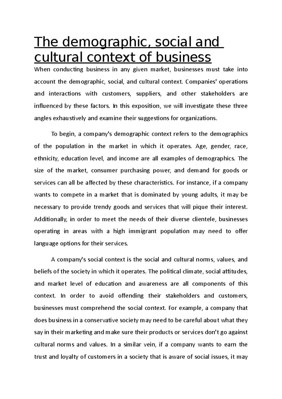 The demographic, social and cultural context of business - The demographic, social and cultural ...