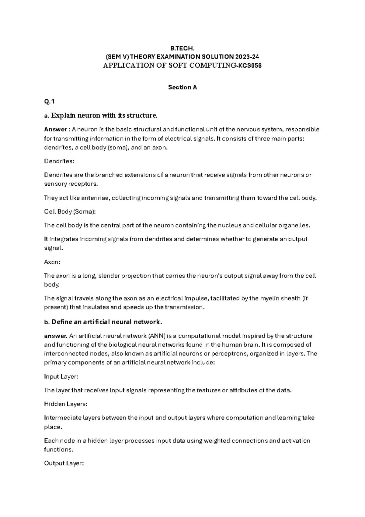 Soft Computing (KCS-056) Paper Answer 2023-24 - Copy - B. (SEM V) THEORY EXAMINATION SOLUTION ...