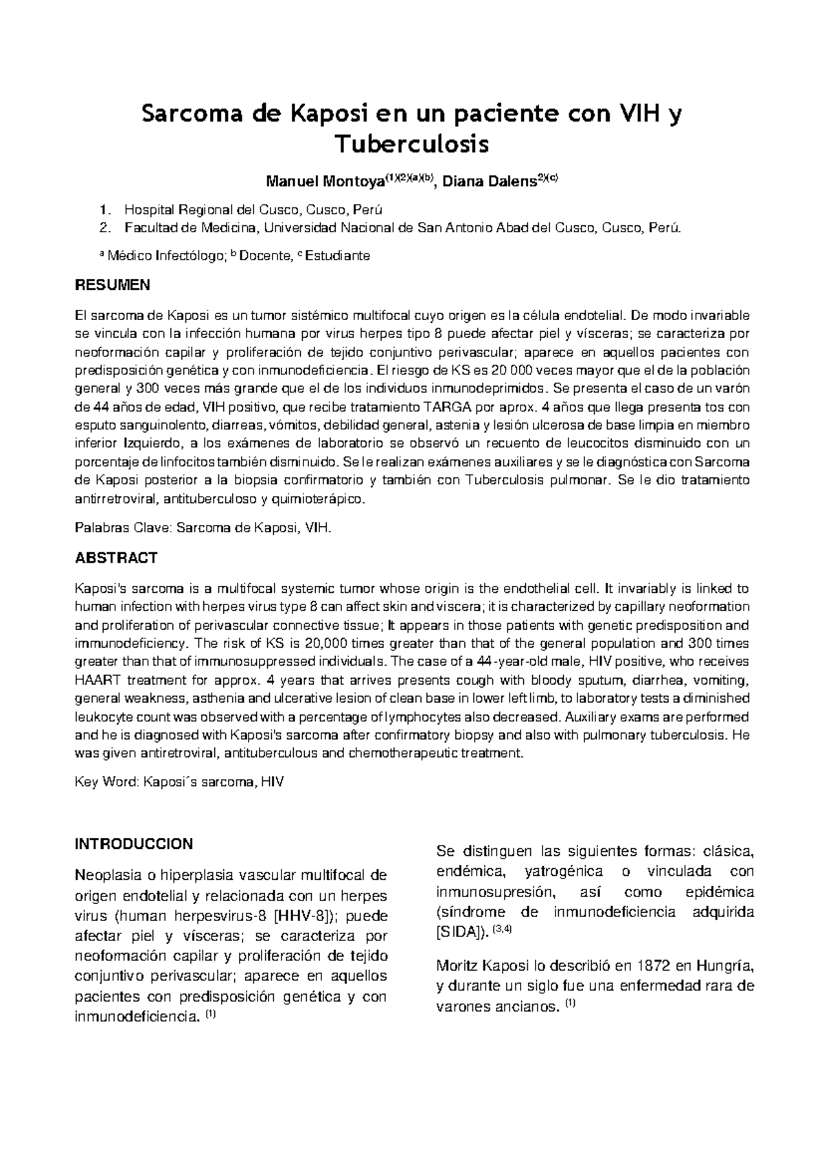 Sarcoma de Kaposi en un paciente con VIH y Tuberculosis pulmonar ...
