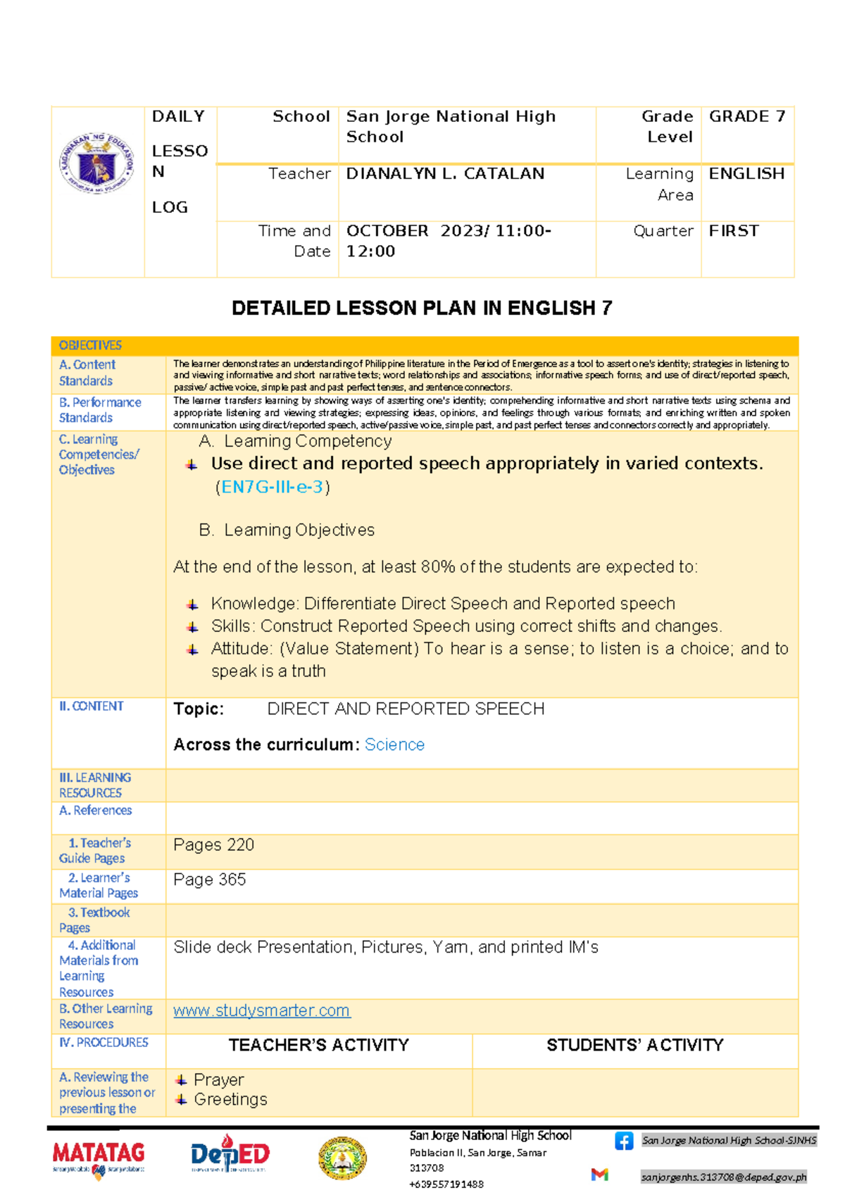 COT Lesson Plan Q1 - English - San Jorge National High School Poblacion ...