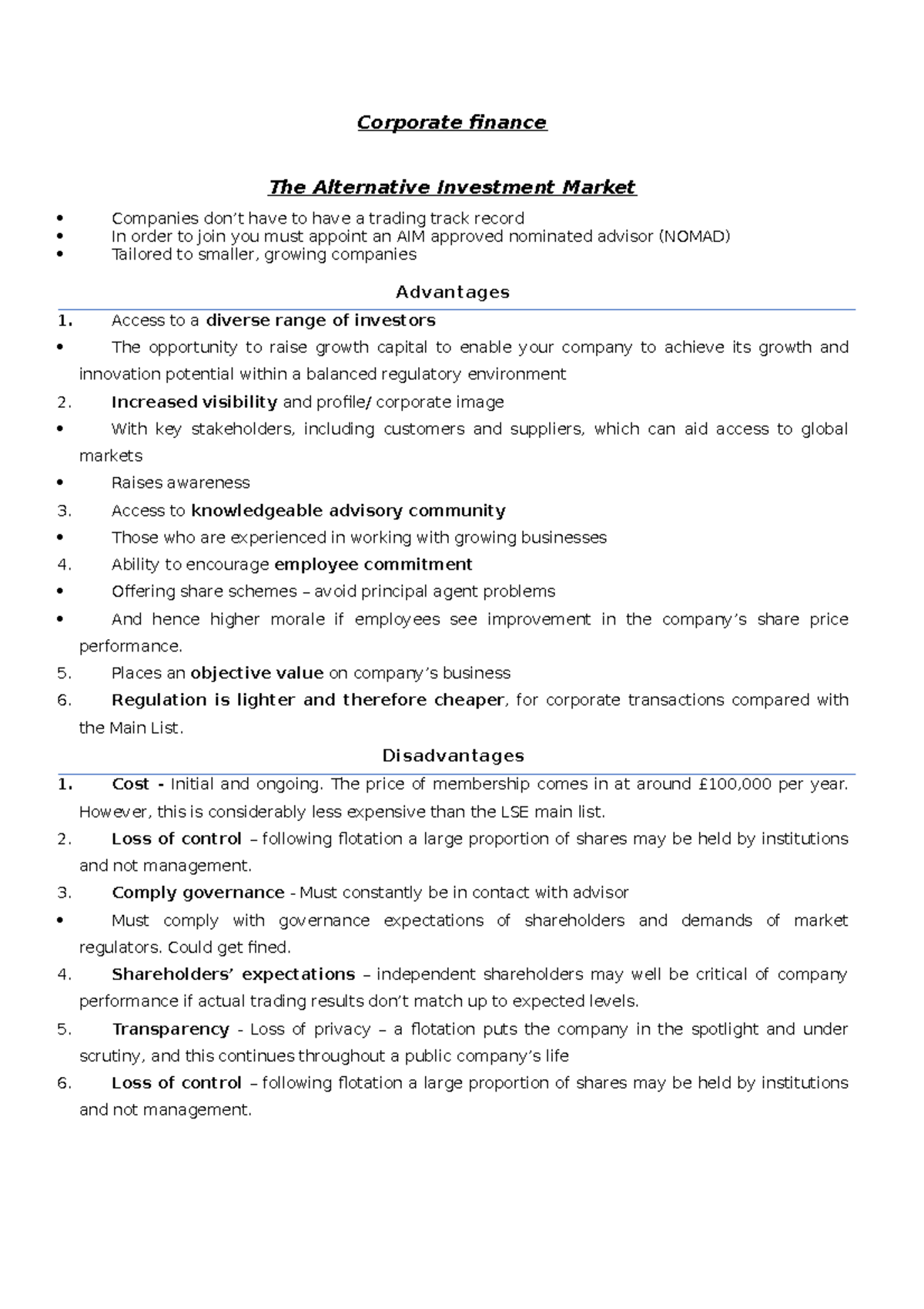 AIM Sample Answer - Corporate finance The Alternative Investment Market ...