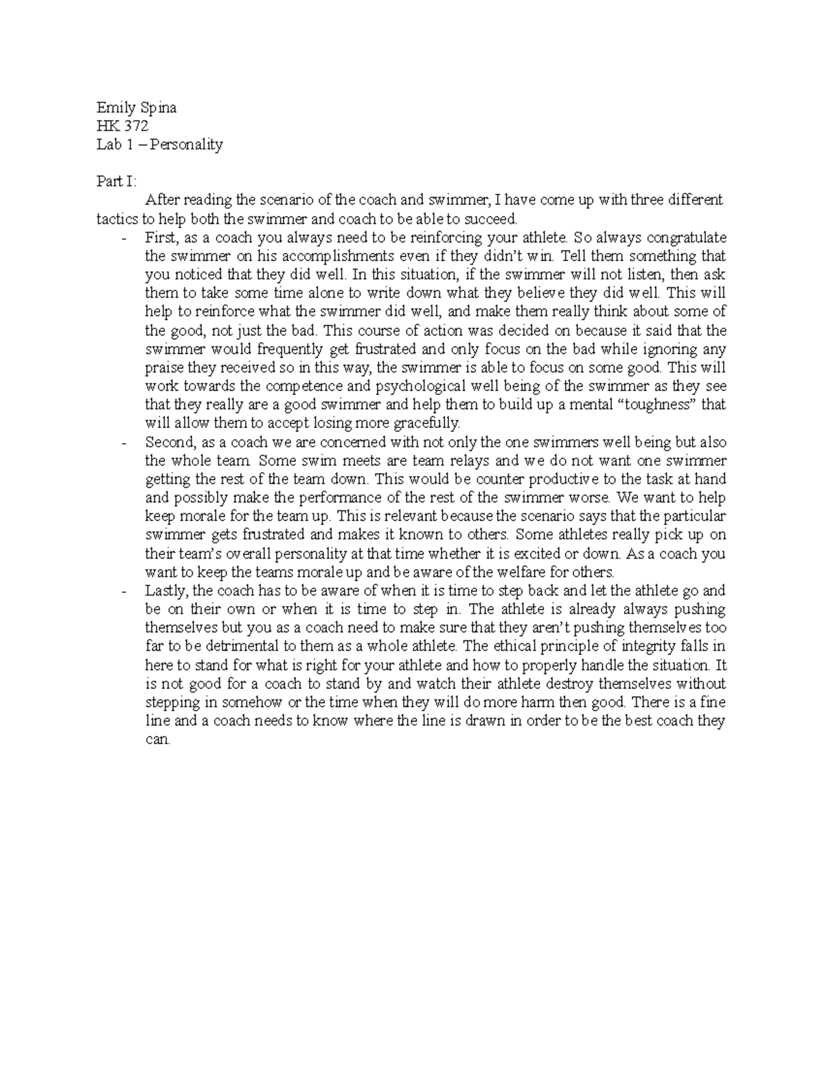 Personality Lab - Lab Assignment - Emily Spina HK 372 Lab 1 Personality ...