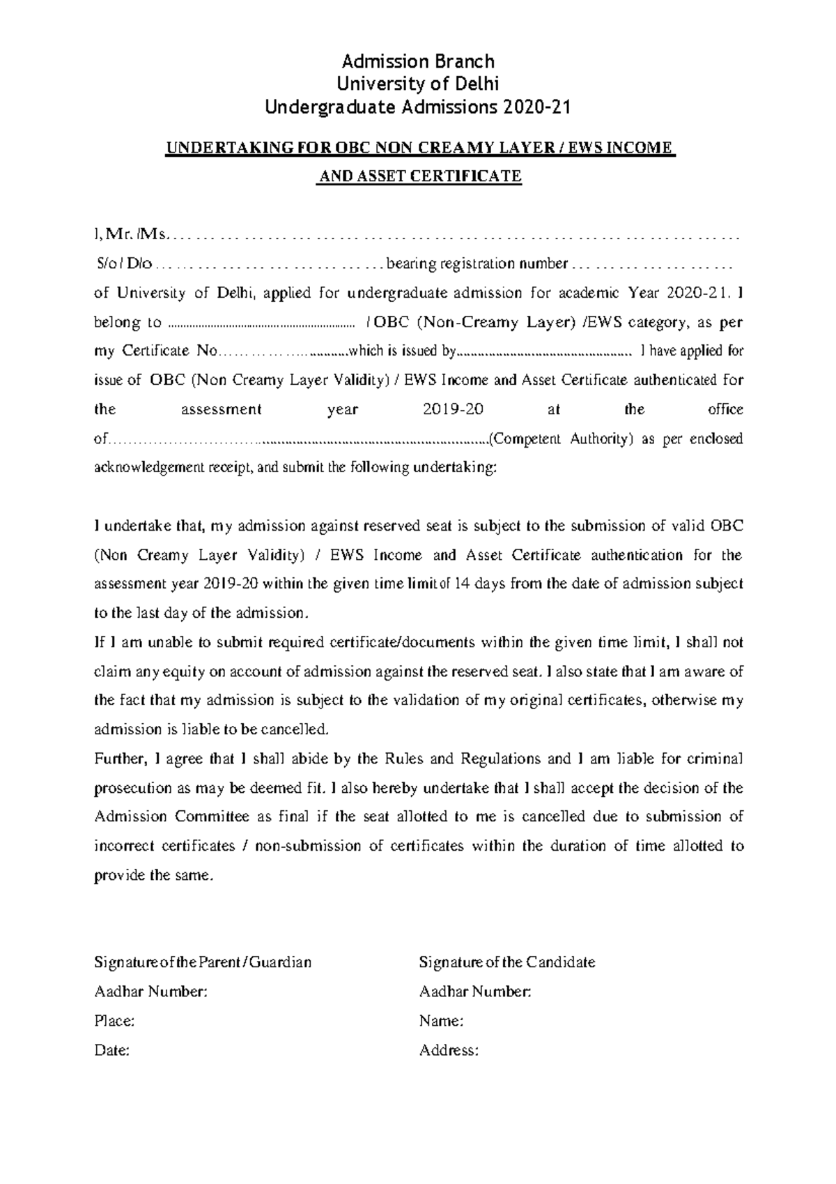 Undertaking 2020 - Admission Branch University of Delhi Undergraduate ...