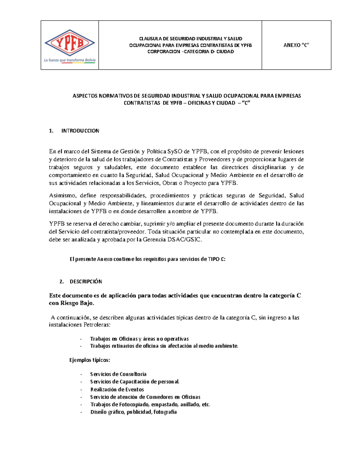 Dsfsdf - procedimienmto - OCUPACIONAL PARA EMPRESAS CONTRATISTAS DE YPFB CORPORACION -CATEGORIA ...
